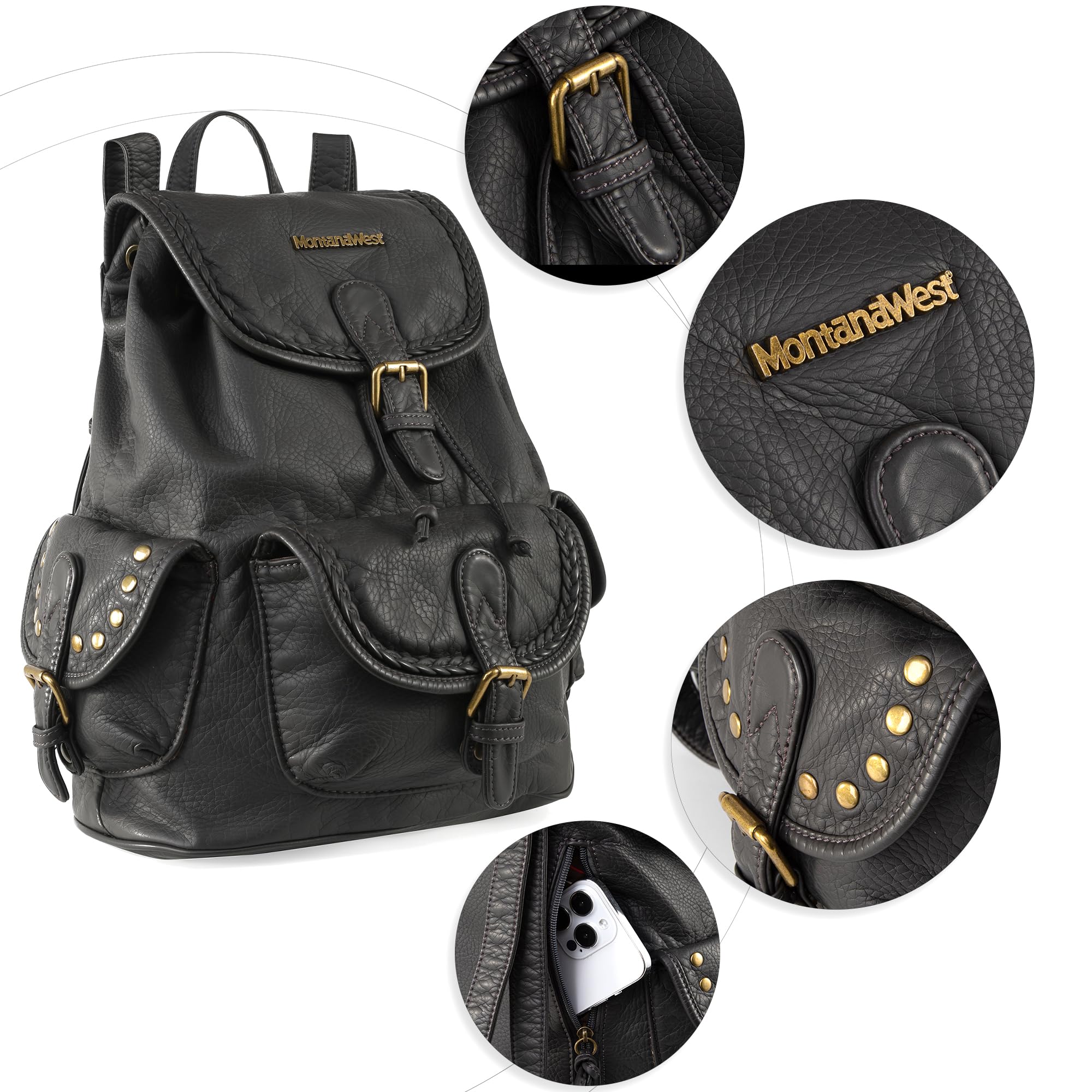 Montana West Rivet Vegan Leather Backpack for Women, Casual Daypack Shoulder Bag Purse with Hook for Travel MWC-191BK