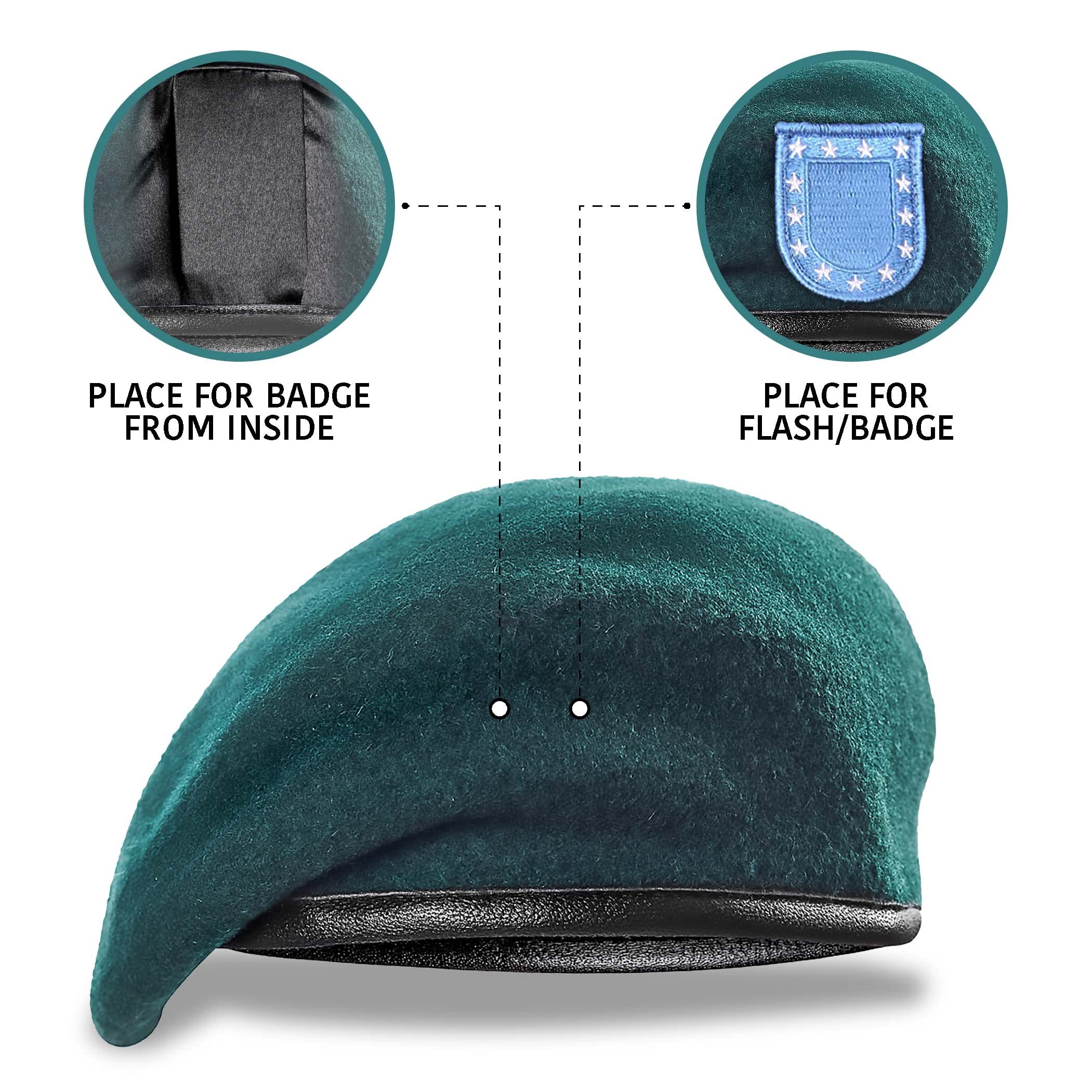 SAALVI 100% Wool and Leather Military Beret for Men and Women Wool Beret Hat, Soft Satin Lining, Black Size, 7 1/2