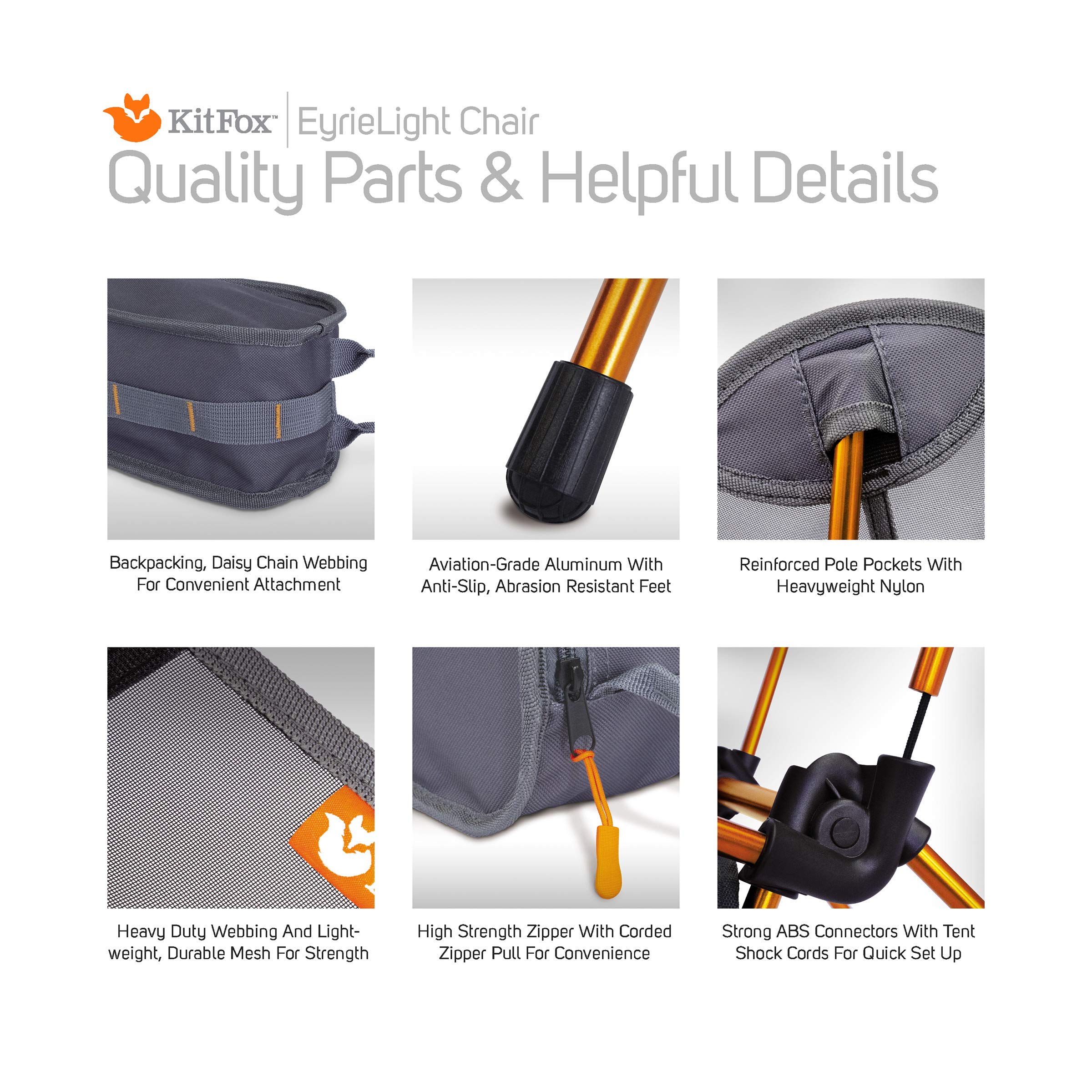 P&J Trading EyrieLight Outdoor Chair – Compact and Lightweight for Backpacking, Camping, Hiking, Beach, Festivals, Tailgating, Kids Sports, Backpacking. Grey mesh with Orange Legs. 1.89lbs