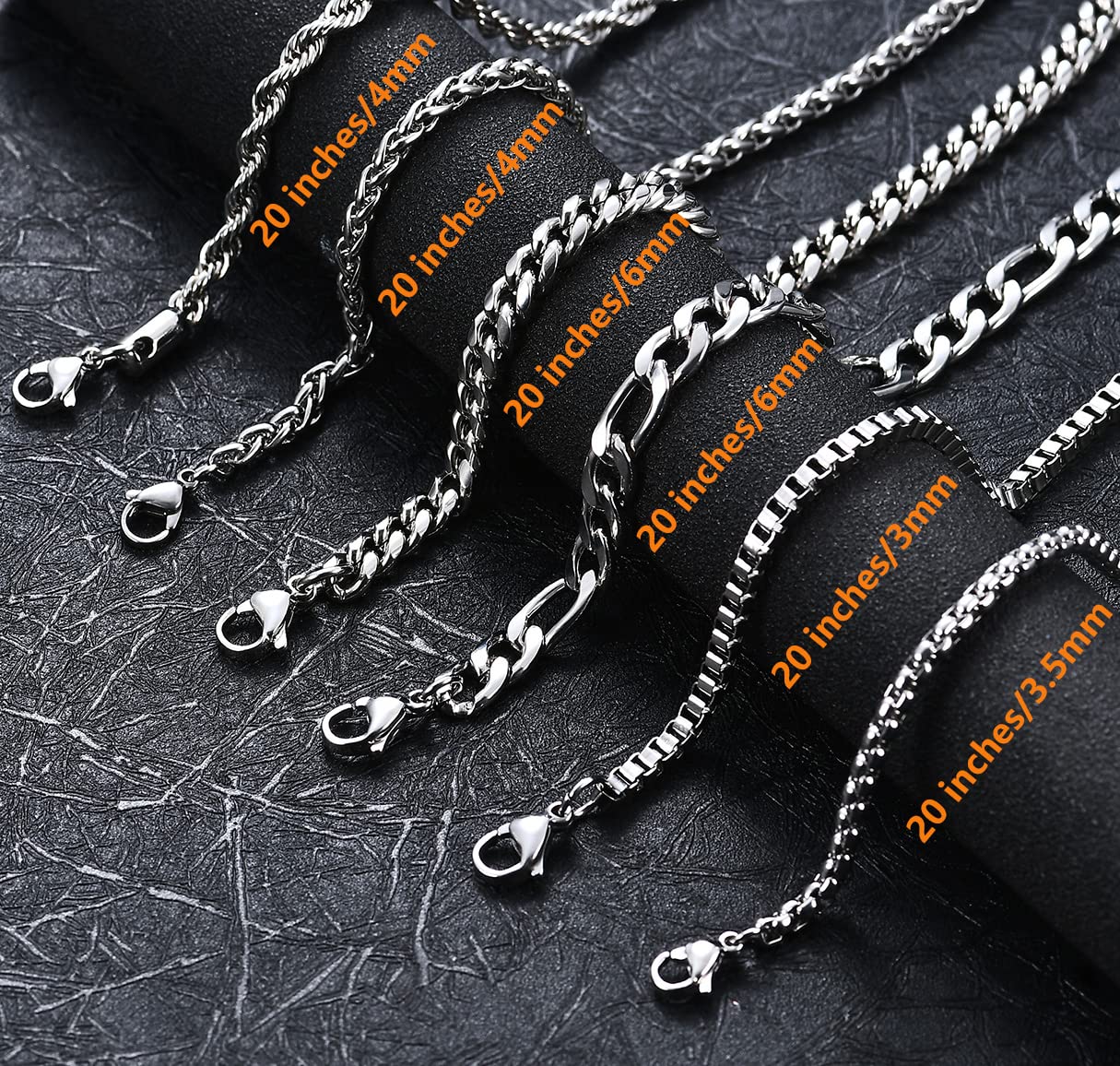OLARCU 6 Pcs Silver Chains, Stainless Steel Cuban Link/Rope/Box/Figaro/Square Rolo/Wheat Chain Necklace Jewelry Set for Women Men, 20 inches