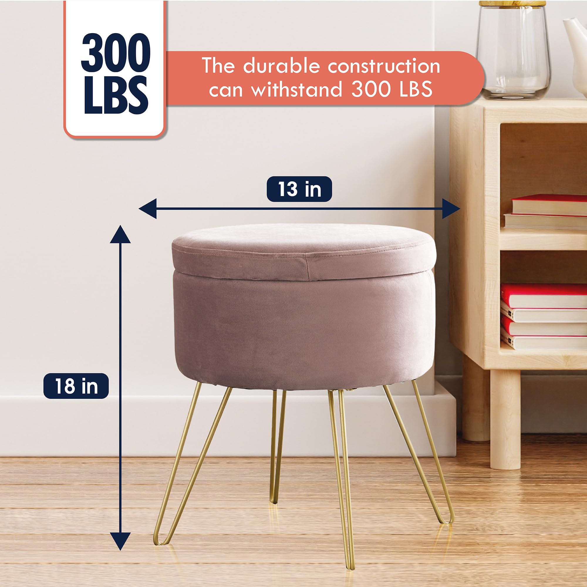 Ornavo Home Modern Round Velvet Storage Ottoman Foot Rest Stool/Seat with Gold Metal Legs & Tray Top Coffee Table - Blush