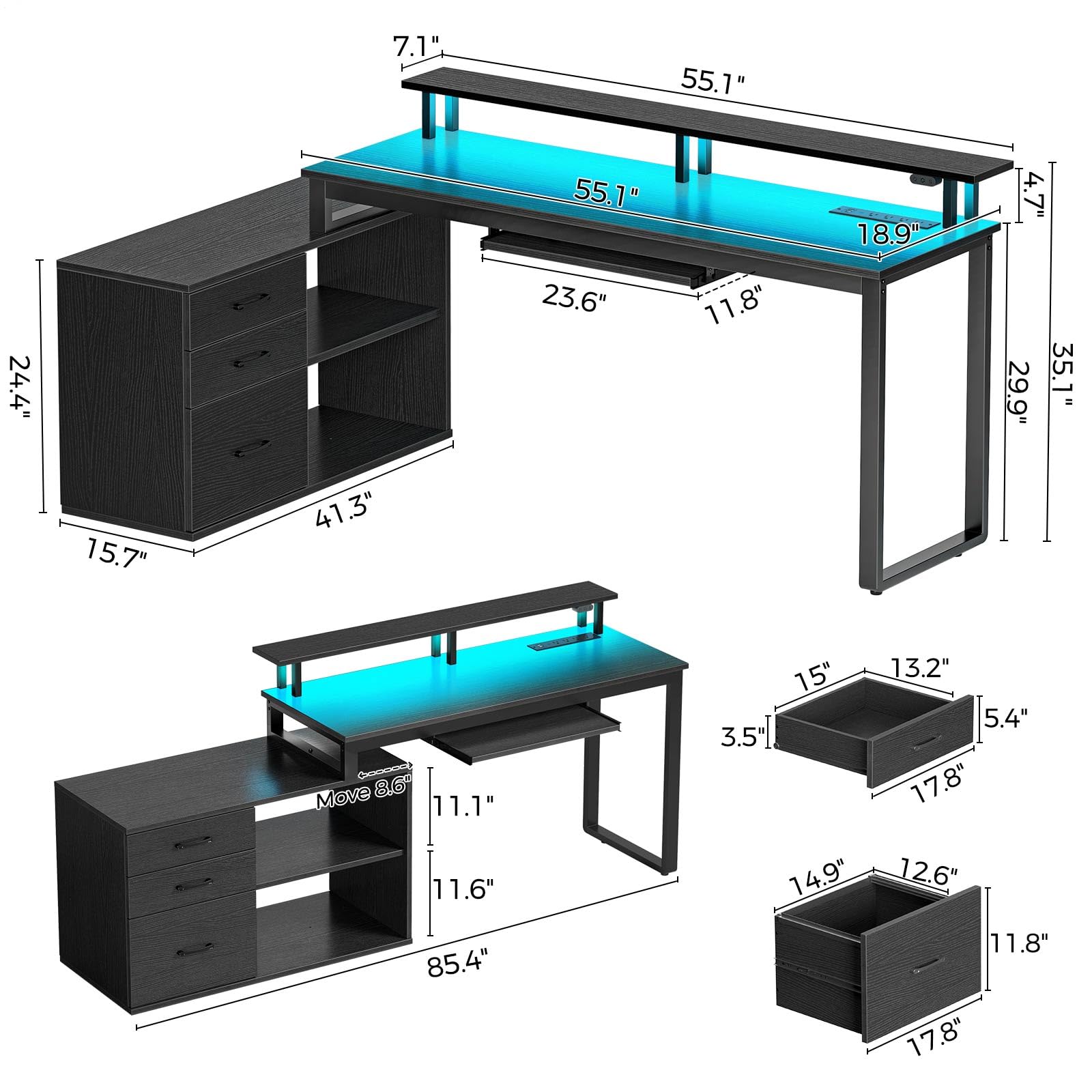 Rolanstar Computer Desk with Drawers and Power Outlet, White Reversible L Shaped Desk with LED Strip & Keyboard Tray, 55 Inch Home Office Corner Study Writing Table with Monitor Stand
