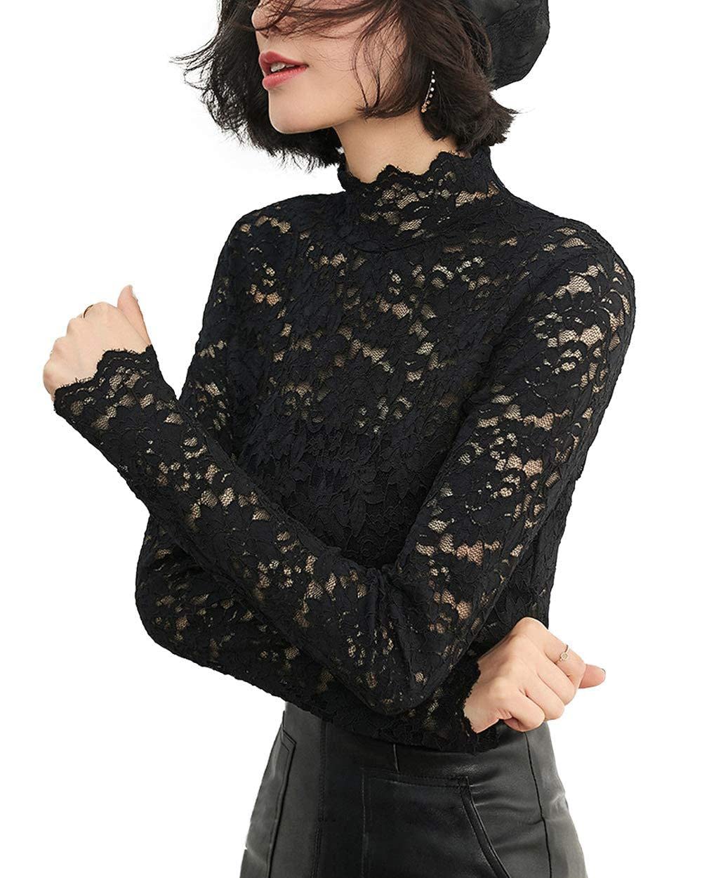 QiuDumo Lace Undershirt Long Sleeve T-Shirt Basic Layer Tee Slimming Top Black XL