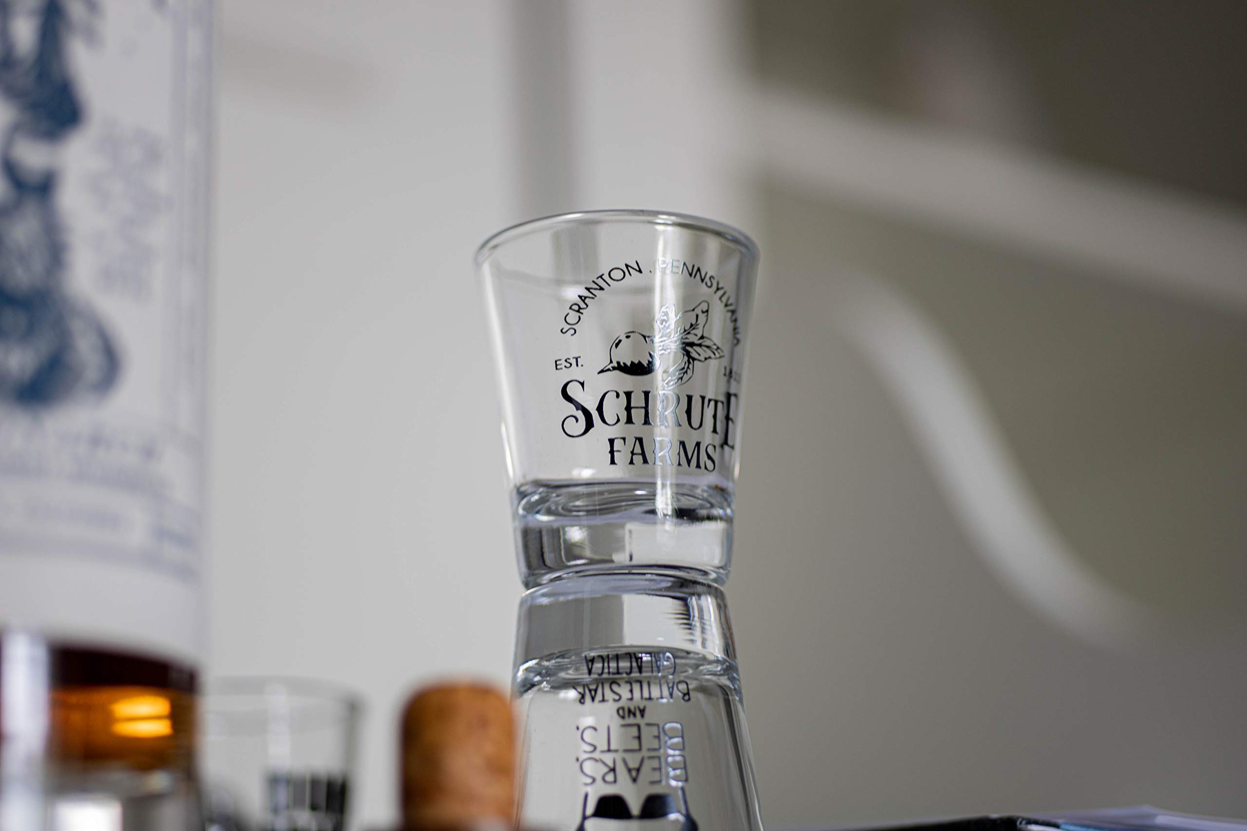 The Office 4 Piece Shot Glass Set (Dunder Mifflin, Prison Mike, Schrute Farms, and Bears, Beets, Battlestar Galactica))