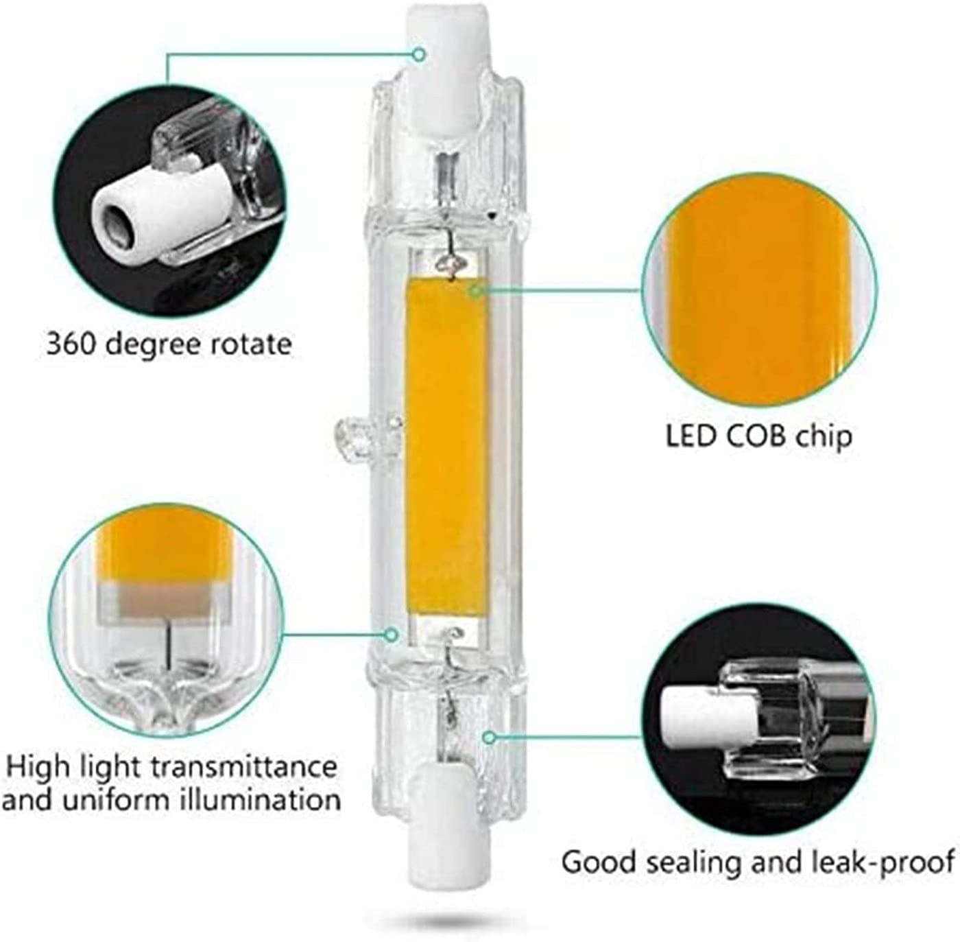 Qixivcom 2 Packs 78mm 10W R7S LED Bulbs LED COB Light 100W Halogen Equivalent J Type T3 120V R7S Dimmable Daylight White 6500K Double Ended R7S LED J78 Flood Light Landscape Lights Lamp Work Lighting