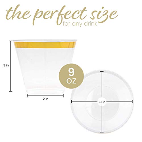 PLASTICPRO 9 oz Disposable Plastic Party Cups,Old fashioned Designed Tumblers, With gold Rim 100 Count, Crystal Clear