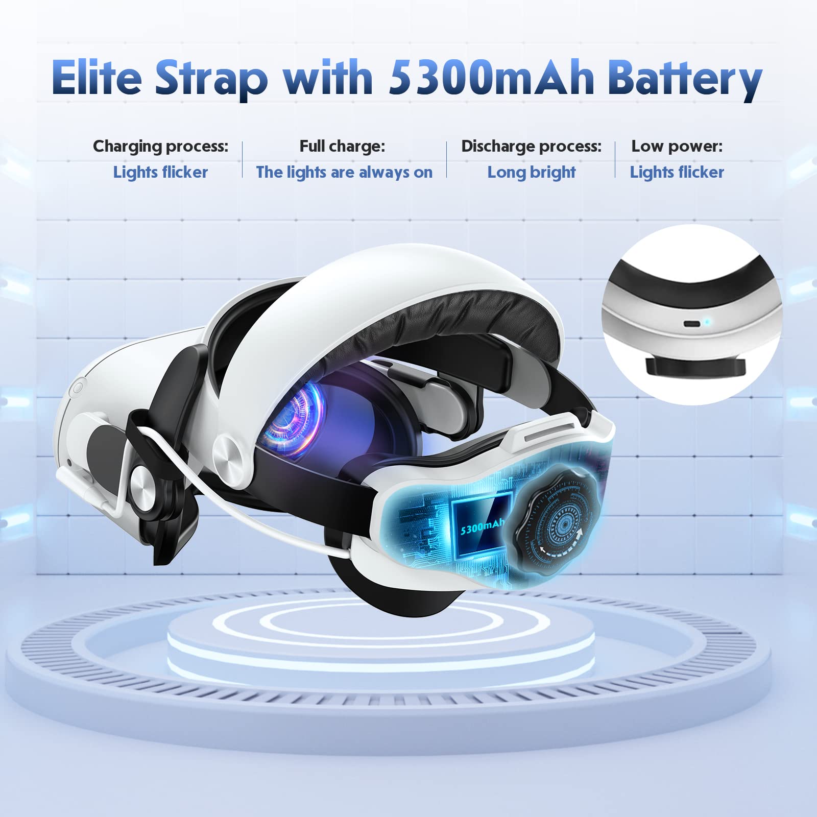 VINDIJA Adjustable Head Strap for Oculus Quest 2 with Battery, Built-in 5300mAh, Replacement Elite Strap for Quest 2 Accessories with Head Cushion Reduce Face Head Pressure Increase Comfortable Touch