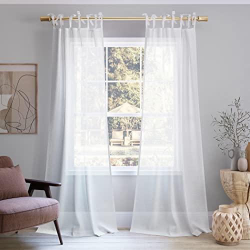 No. 918 Winnie Slub Textured Linen Blend Sheer Tie Top Curtain Panel, 50" x 84", White