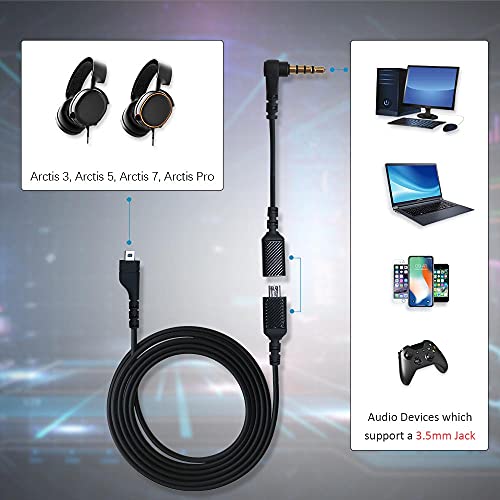 QJYTH Replacement Cable Cord Compatible with SteelSeries Arctis 3, Arctis Pro Wireless, Arctis 5, Arctis 7, Arctis Pro Gaming Headset, Audio Cable 3.5mm Fit for GameDac(2 in 1, Black)
