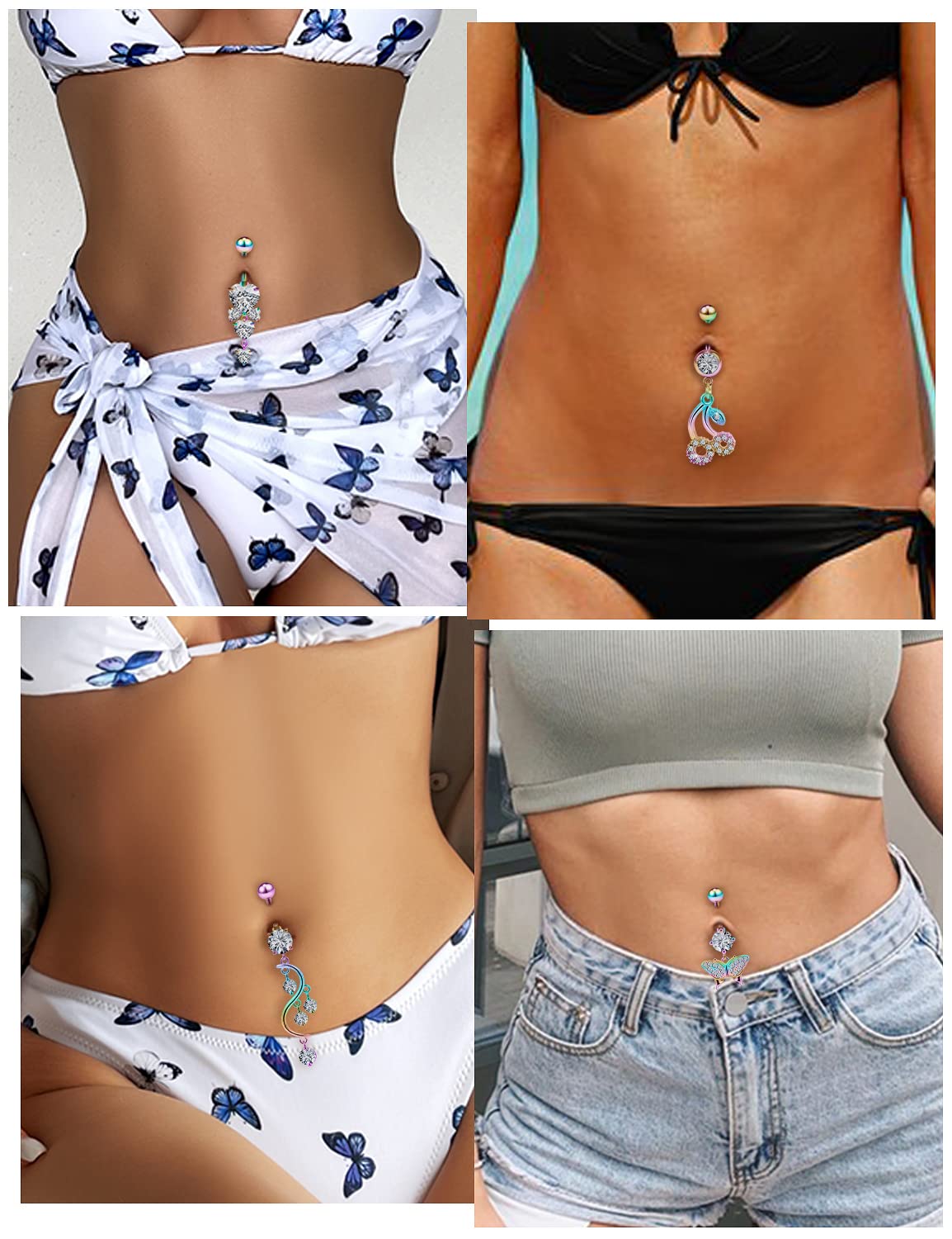 Vsnnsns 14G Belly Button Rings for Women Stainless Steel CZ Opal Long Dangle Belly Rainbow Tone B VSN0283 0