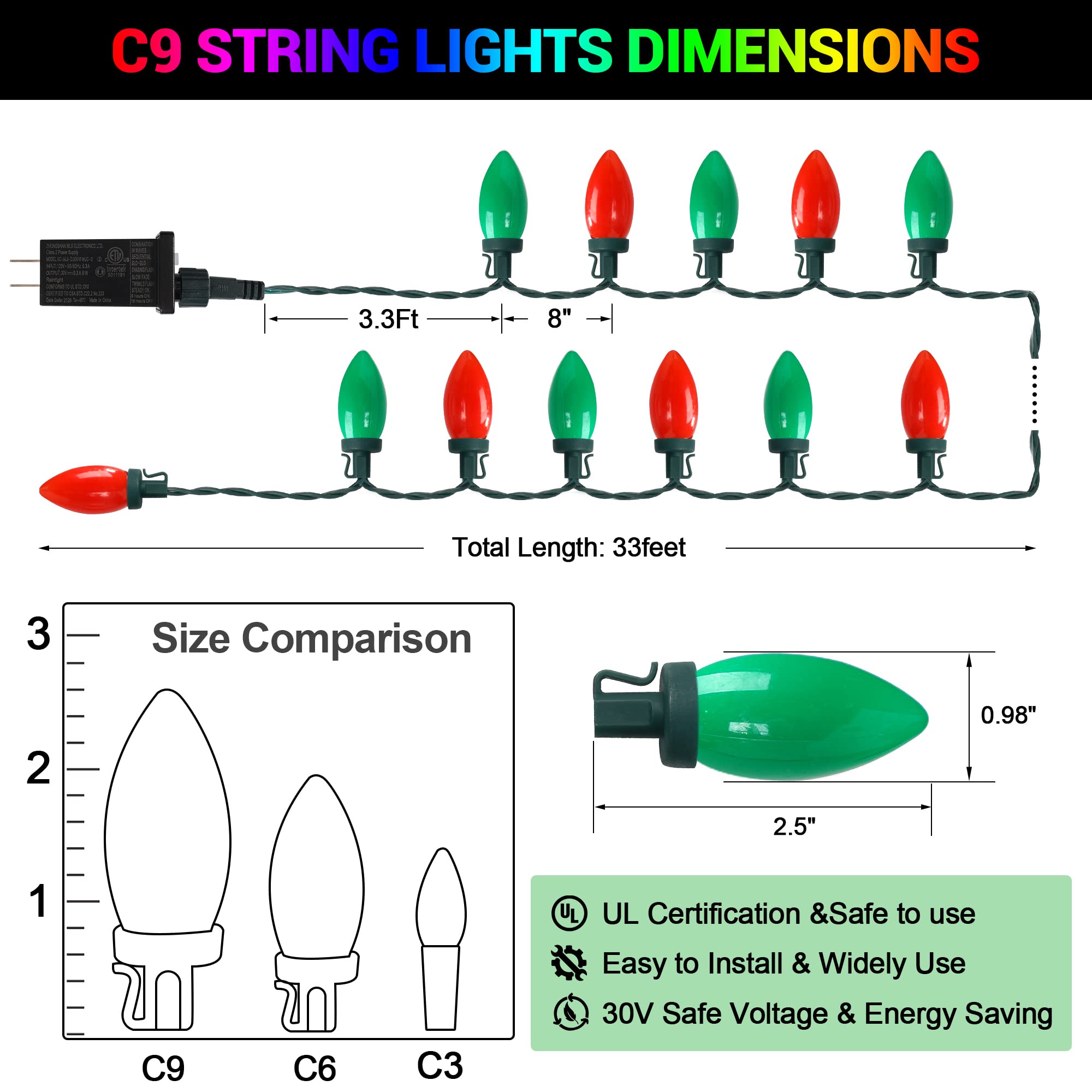 RECESKY C7 Bulbs Halloween String Lights with Built-in Timer - 50 LED 24ft Purple Orange Battery String Lights for Outdoor, Indoor Decor, Fairy Garden, Bedroom, House, Halloween Party Decorations