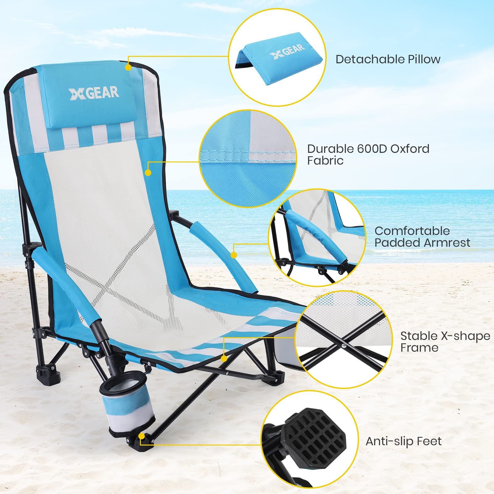 XGEAR Beach Chair Low Seat Beach Chair for Adults High Back Camping Chair with Cup Holder Blue & White