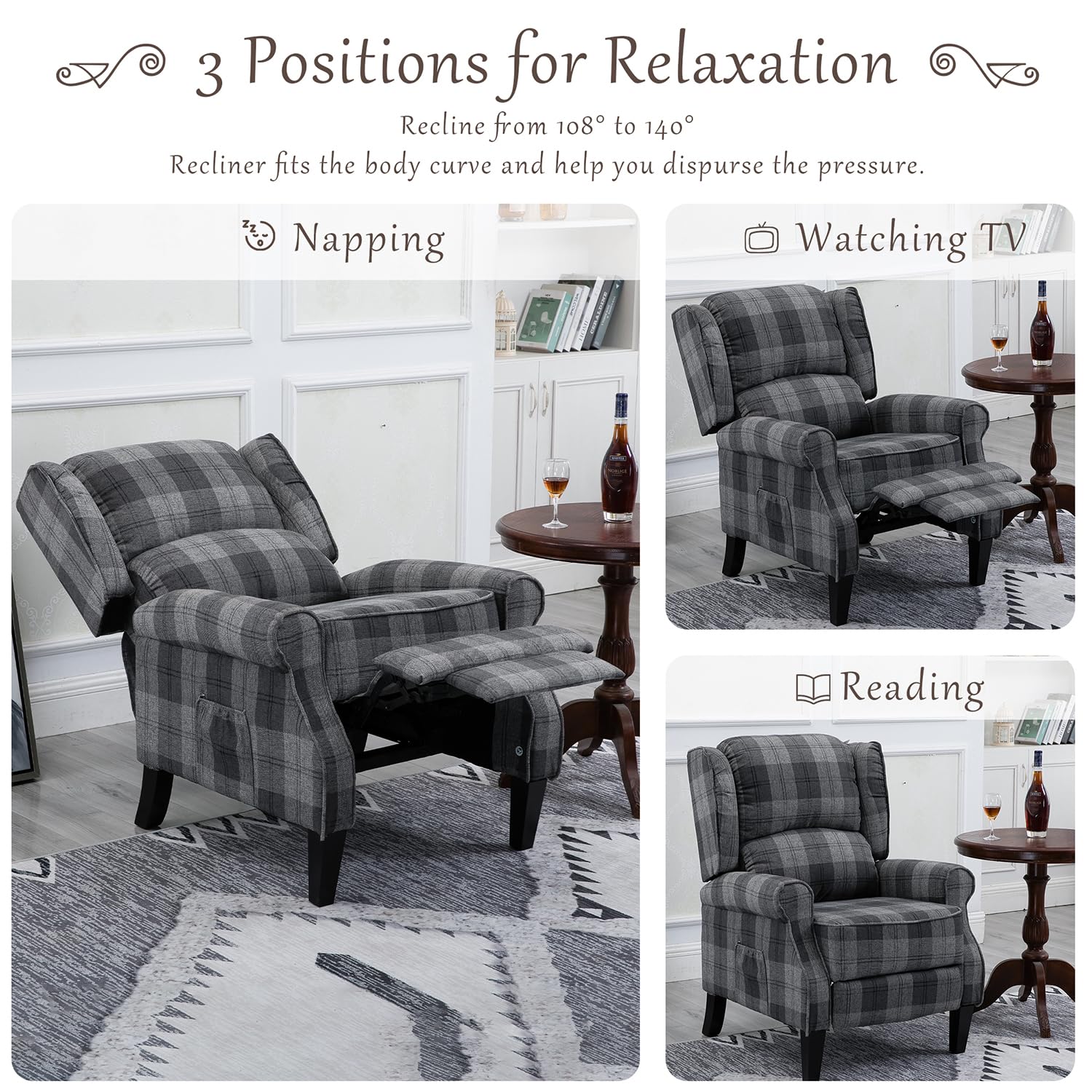 Pushback Recliner Chair,Upholstered Wingback Traditional Push Back Recliner Single Sofa,Mid Century Modern Lounge Armchair for Living Room,Home Theater Accent Chairs Recliners Couches (Grey Check)