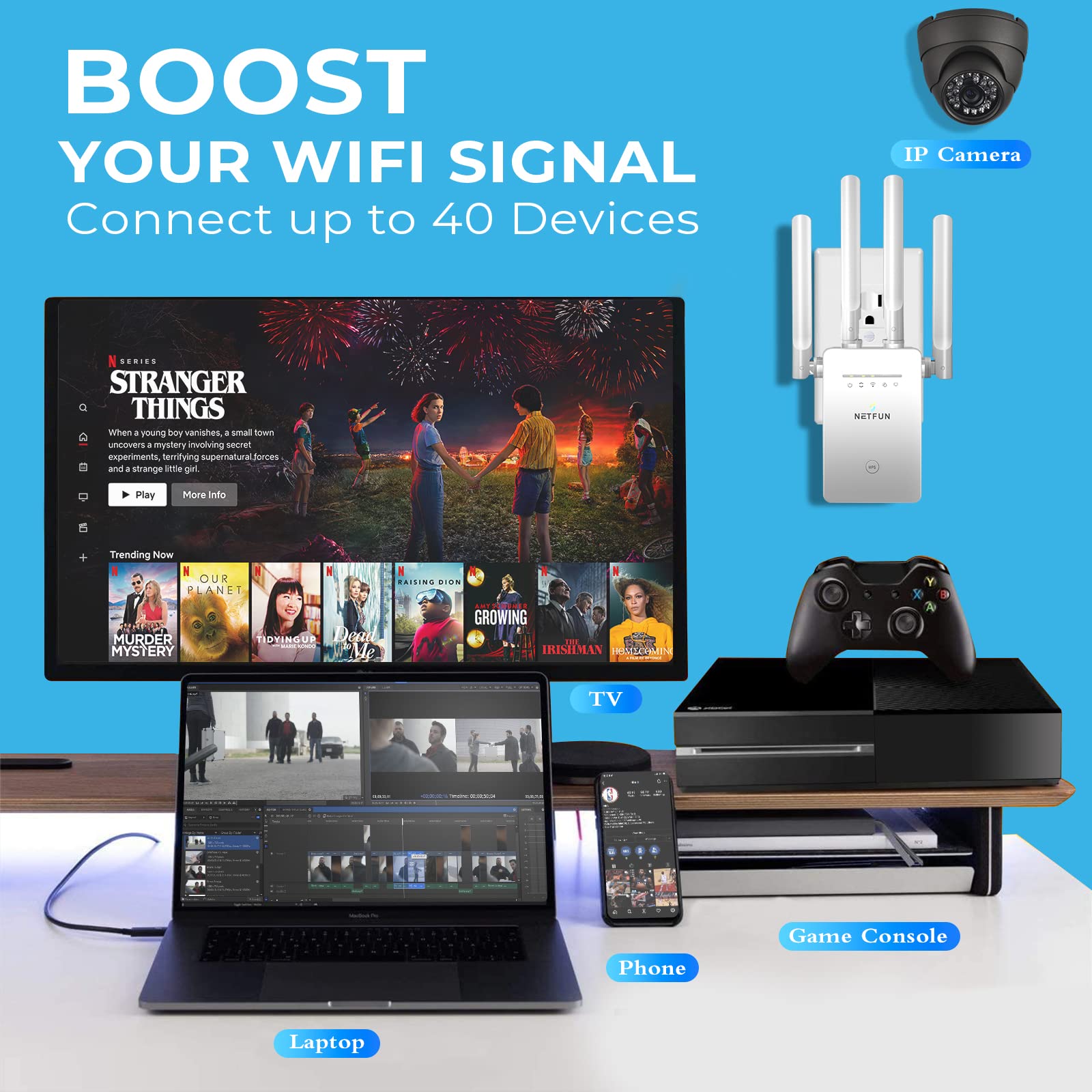 Netfun All-New 2023 WiFi Extender Signal Booster for Home - up to 9956 sq.ft Coverage - Long Range Wireless Internet Repeater and Signal Amplifier with Ethernet Port, 1 Tap Easy Setup - Made for USA