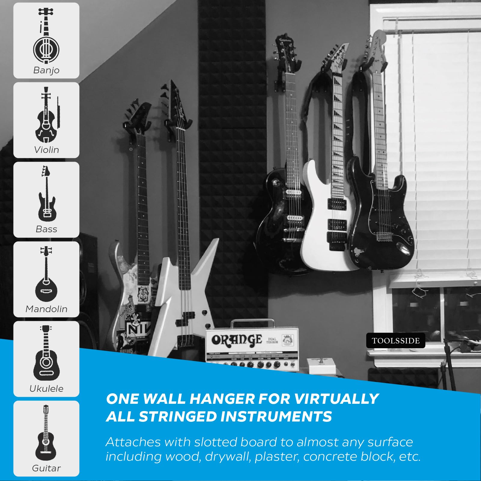 TOOLSSIDE 5 Pcs Guitar Hanger Wall Mount Hook Stand 180 - Guitar Hooks for Wall Adjustable with Slat Adapter - Guitar Wall Mount for Electric Acoustic and Bass Guitars