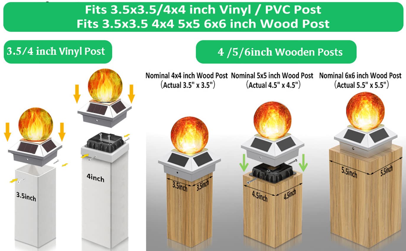 Solar Fence Post Cap Light,Solar Post Flame Lights Outdoor Cap Lights 4 Pack for Mailbox,Deck or Patio,Waterproof Outdoor Cap Lamp Post Fits 4X4, Wooden Posts or 3.5X3.5 Vinyl/PVC Fence Posts