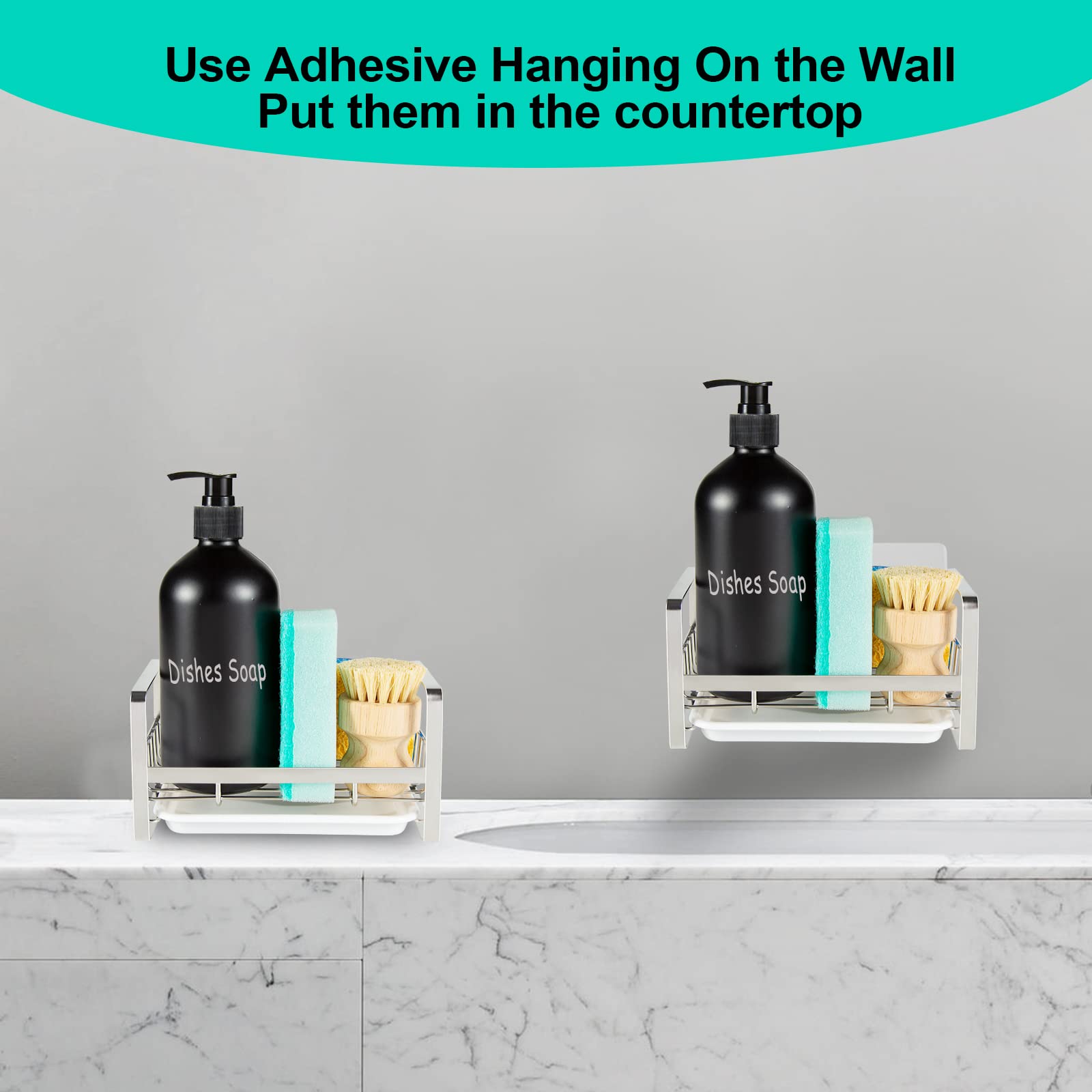 TEZZ Sponge Holder for Kitchen Sink- Stainless Steel Kitchen Storage Sink Caddy for Organizing Sponge, Brush & Dish Soap Dispenser, Kitchen Sink Organizer Rack with Adhesive or Counter top, Silver