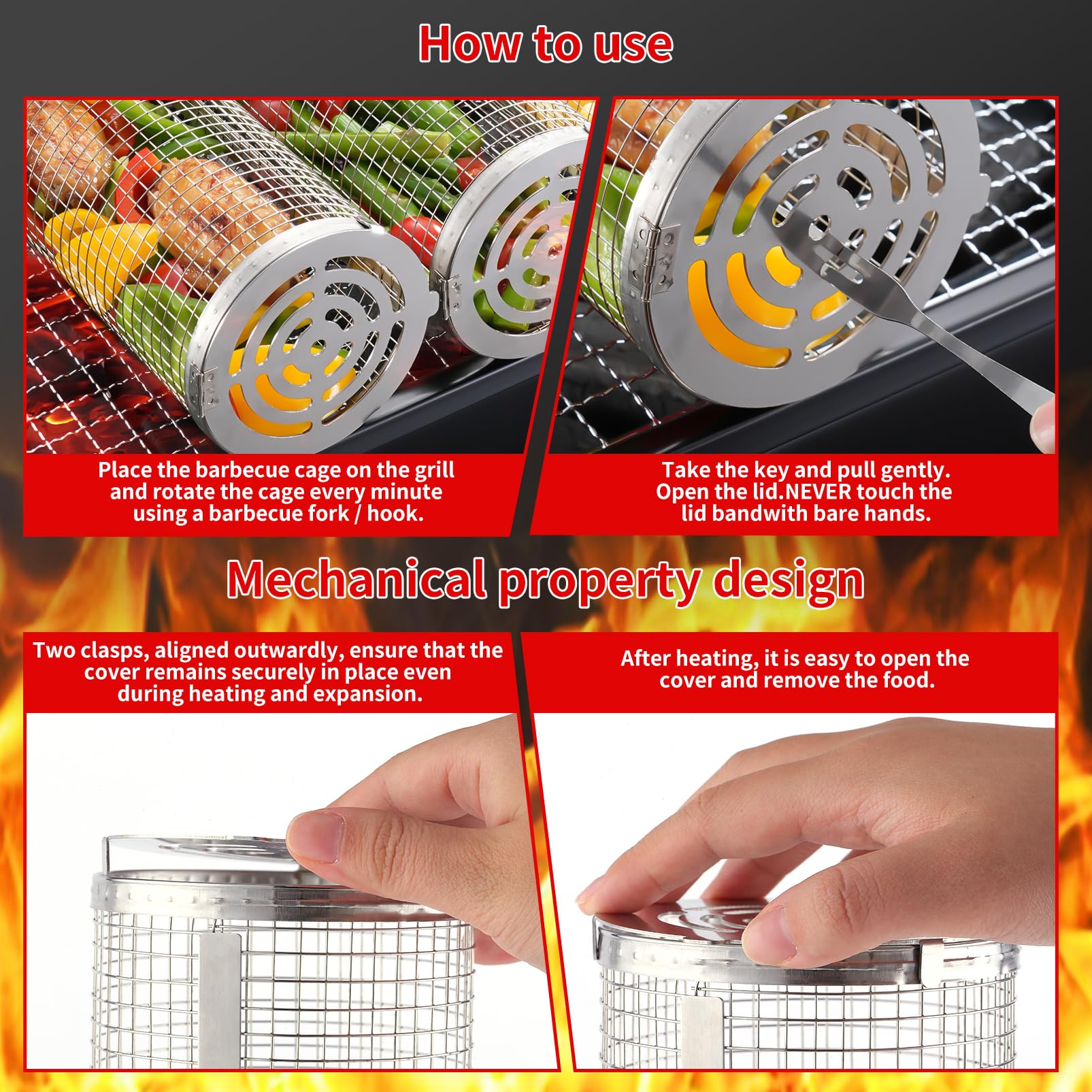 Rolling Grilling Baskets for Outdoor Grill Bbq ,Stainless Steel Grill Mesh Barbeque Grill Accessories,Outdoor Round BBQ Stainless Steel Grill Basket Campfire Grill Grid - Camping Picnic Cookware