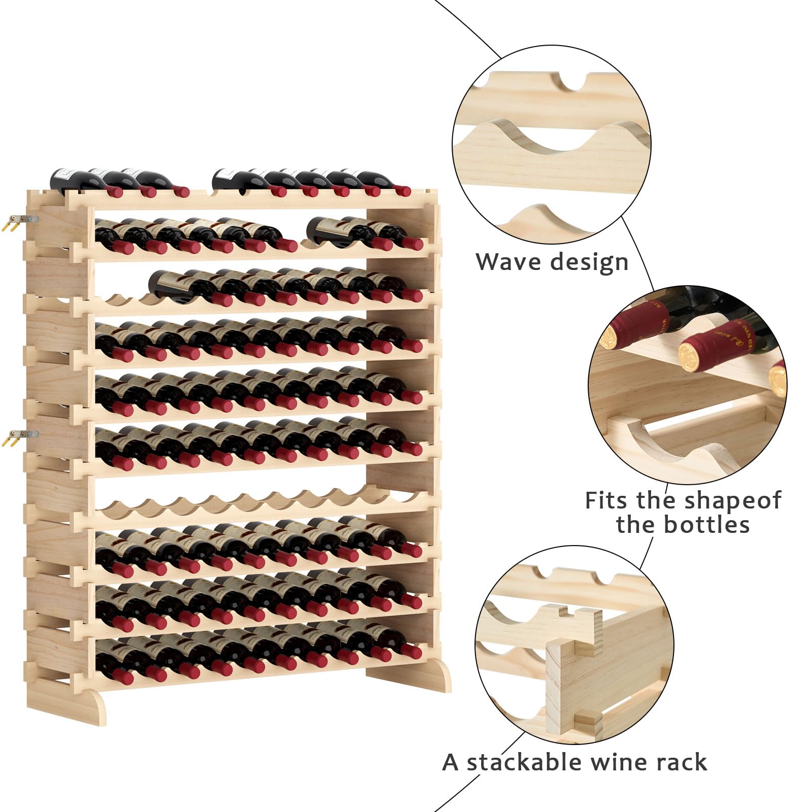 SogesHome Wine Rack Wood Storage Rack Stand, 100 Bottles Holder, 10 Tier Stackable Wine Storage Organizer with Anti-Falling Device, Natural Color