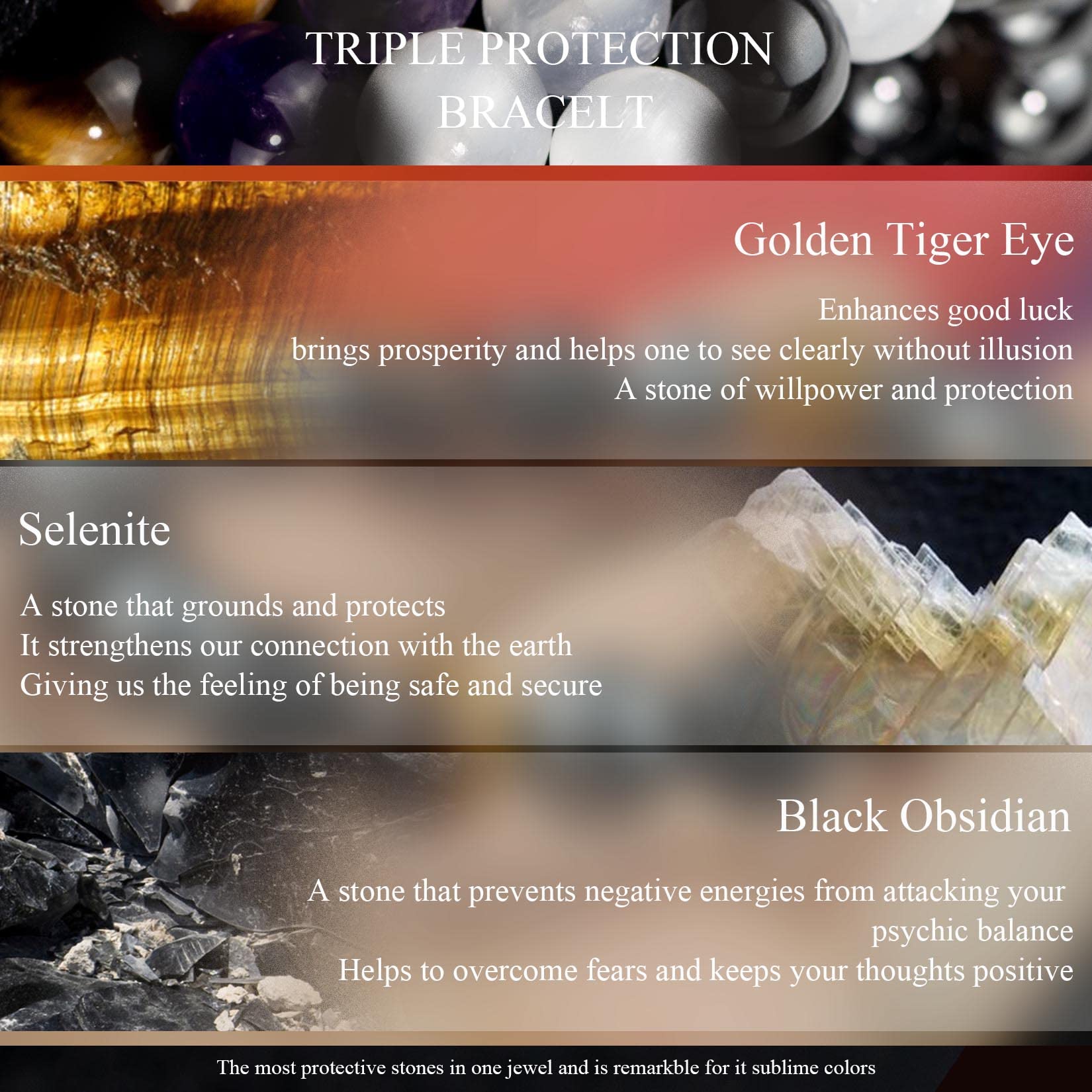 Triple Protection Bracelet | Natural Stone 10mm - Beaded | Bracelet for Women Men (Selenite+Tiger Eye+Obsidian)