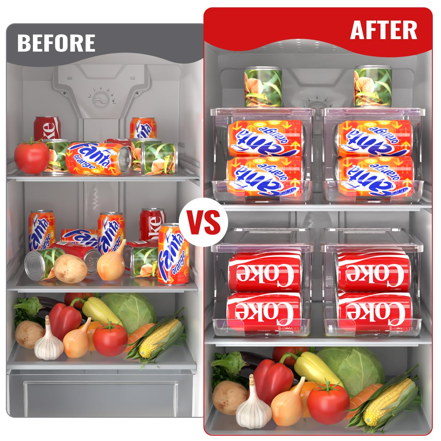 SCAVATA 2 Pack Stackable Refrigerator Organizer, Soda Can Dispenser Pop Cans Container Beverage Holder with Lid for Fridge, Freezer, Kitchen, Clear Plastic Storage Bins-Holds 10 Cans Each (Clear)