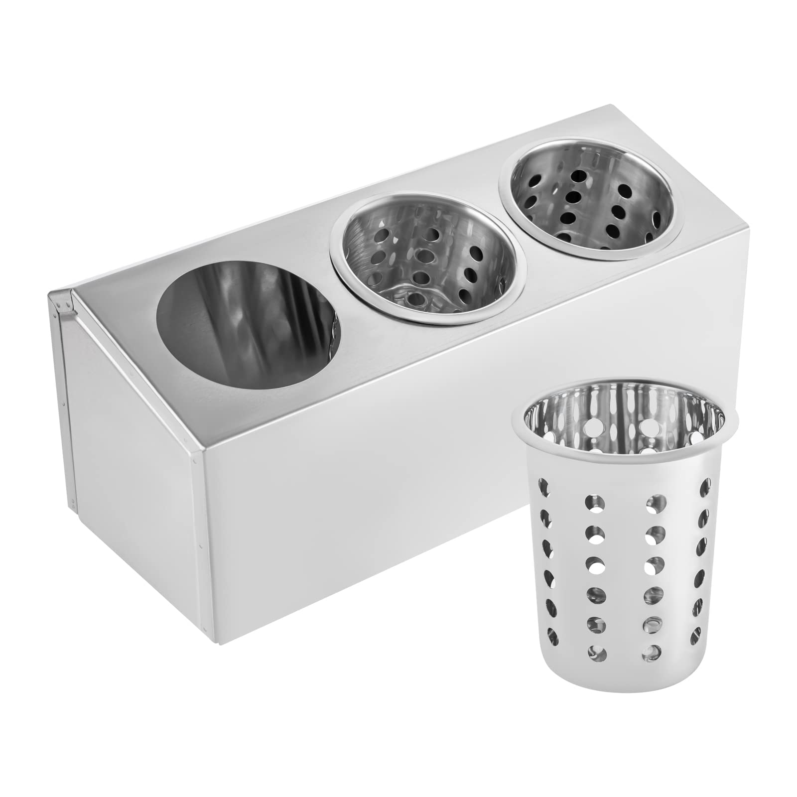 TFCFL Flatware Cylinder Holder,Commercial 3-Hole Stainless Steel Cylinder Flatware Silverware Utensil Holder Organizer Caddy 15.16x6.1x6.3inch,Silver (3-Hole)