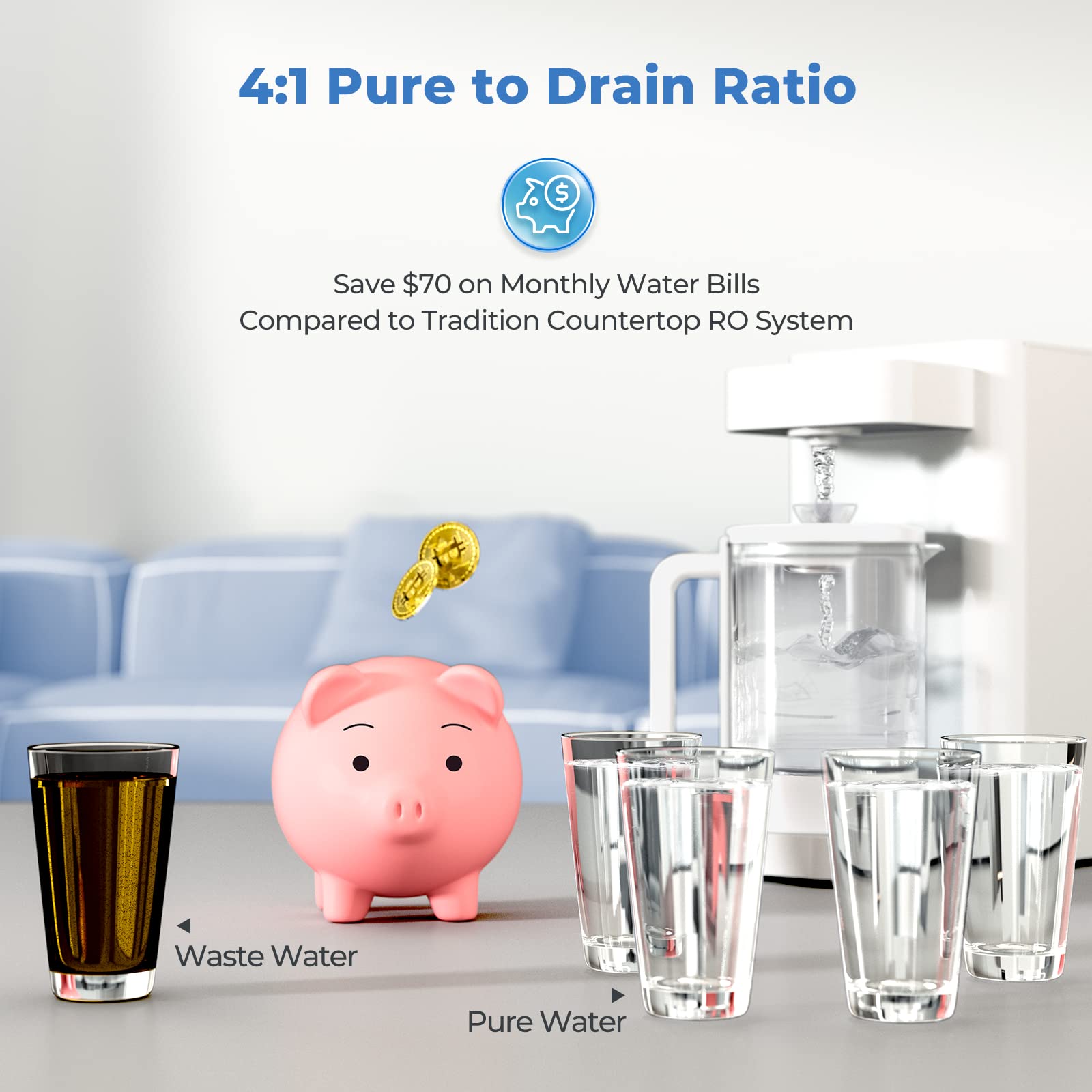 Reinmoson 8 Stage Reverse Osmosis System Countertop with ๐ฐ ๐๐ผ๐ ๐ช๐ฎ๐๐ฒ๐ฟ ๐ฆ๐ฒ๐๐๐ถ๐ป๐ด๐, NSF Certified TDS Reduction, 4:1 Pure to Drain Portable Reverse Osmosis Water Filter Countertop