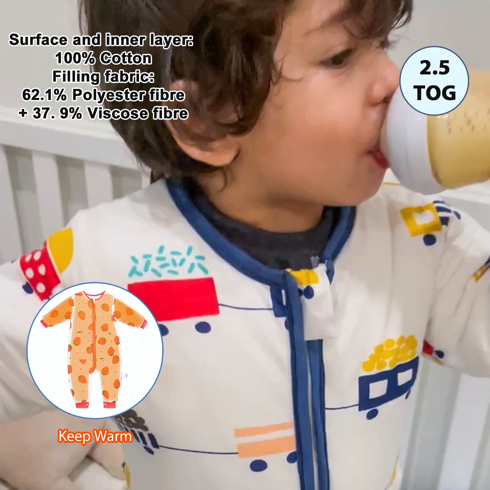 MooMoo Baby Sleep Sack with Feet 2.5 Tog Toddler Sleeping Sack for Winter Warm Wearable Blanket for Baby Cotton 18-24M Strawberry