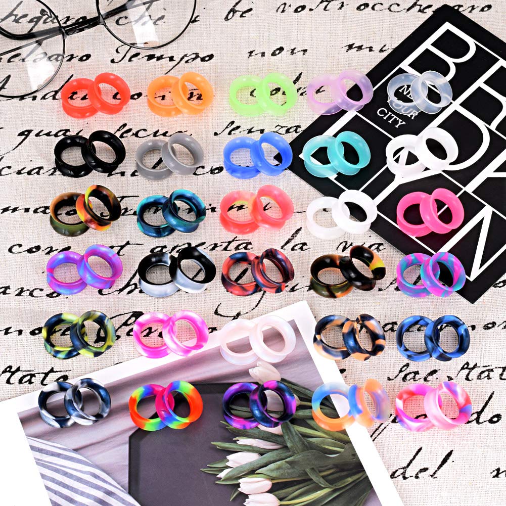 Qmcandy 60pcs Colorful Soft Flexible Silicone Tunnels Double Flared Ear Piercing Plugs Gauge 9/16 inch