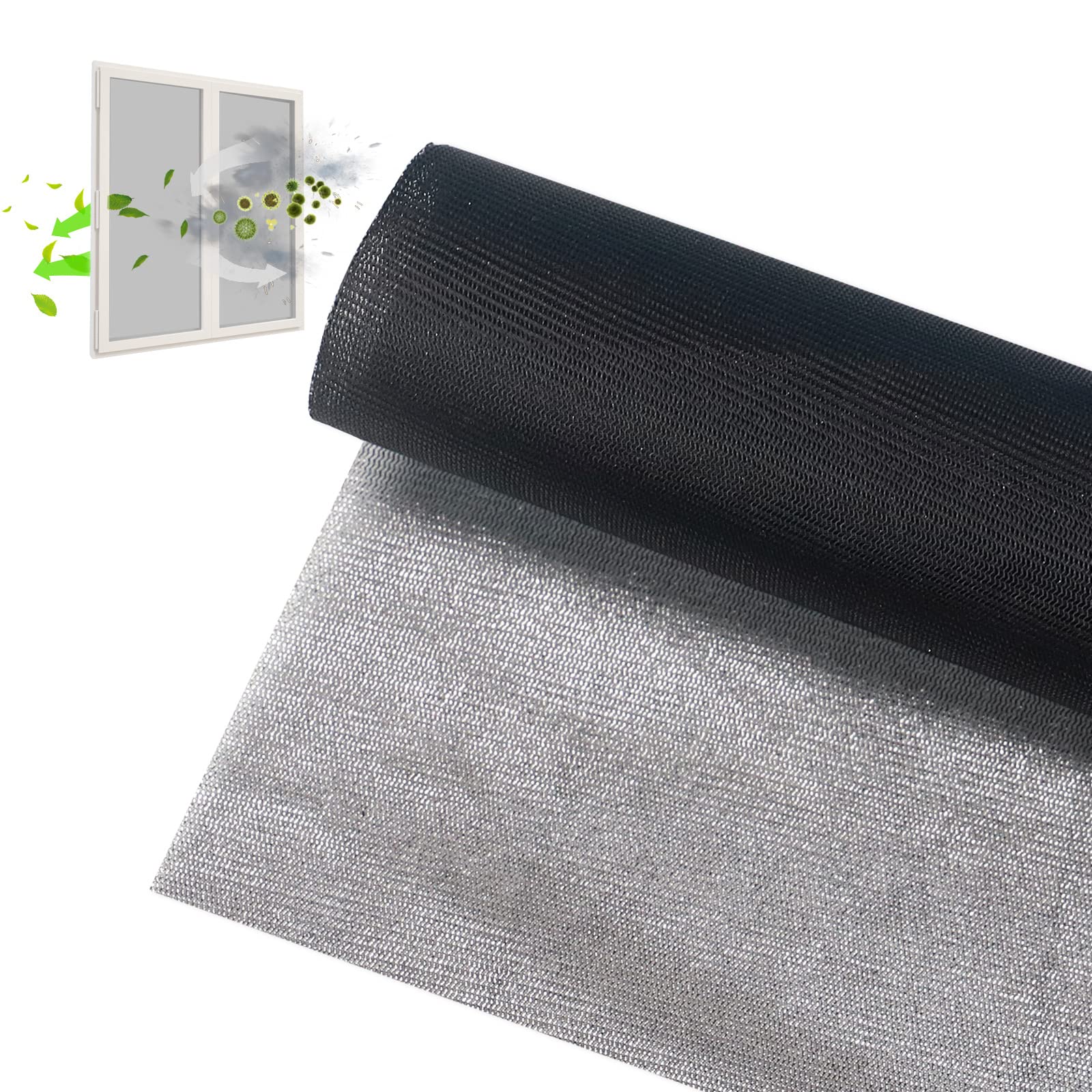 Solar Window Screen Mesh, Anti-UV Solar Screen Fabric Replacement 50" x 118", Adjustable Pollen/Dust/Floc/Rain Barrier Net for Windows, Door, Patio (Black)