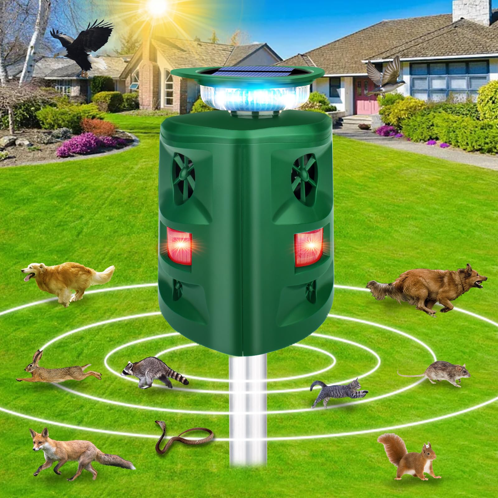 Solar Animal Repeller, 360°Ultrasonic Animal Repeller, Cat Repellent Outdoor,Dog Repellent, Motion Sensor & Flashing Light, Repel Dogs,Deer, Fox, Raccoon, Skunk, Rabbit, Squirrels.Coyote Deterrent
