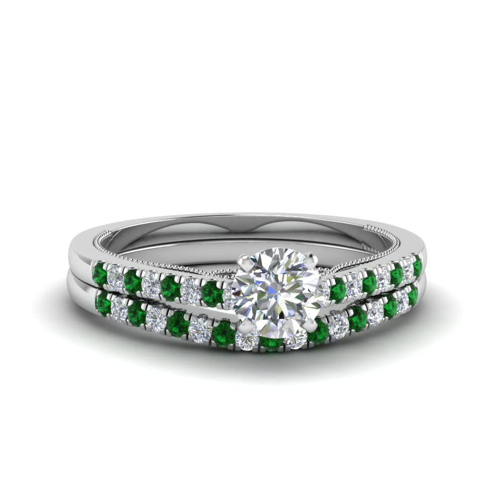 Vintage 2.8 Ct Round Cut White & Green Diamond Solitaire Milgrain Wedding Ring Set in 925 Sterling Silver White Gold Finish (Silver, 6.5)