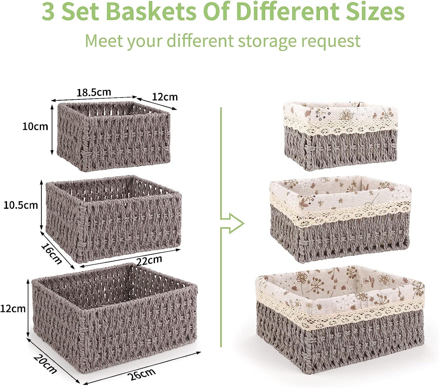 Recycled Wicker Storage Basket, Small Wicker Baskets, Handwoven Baskets for Storage, Paper Rope Storage Baskets for Organizing Container Bins for Shelves Cupboards Drawer, Small Woven Basket Set of 3