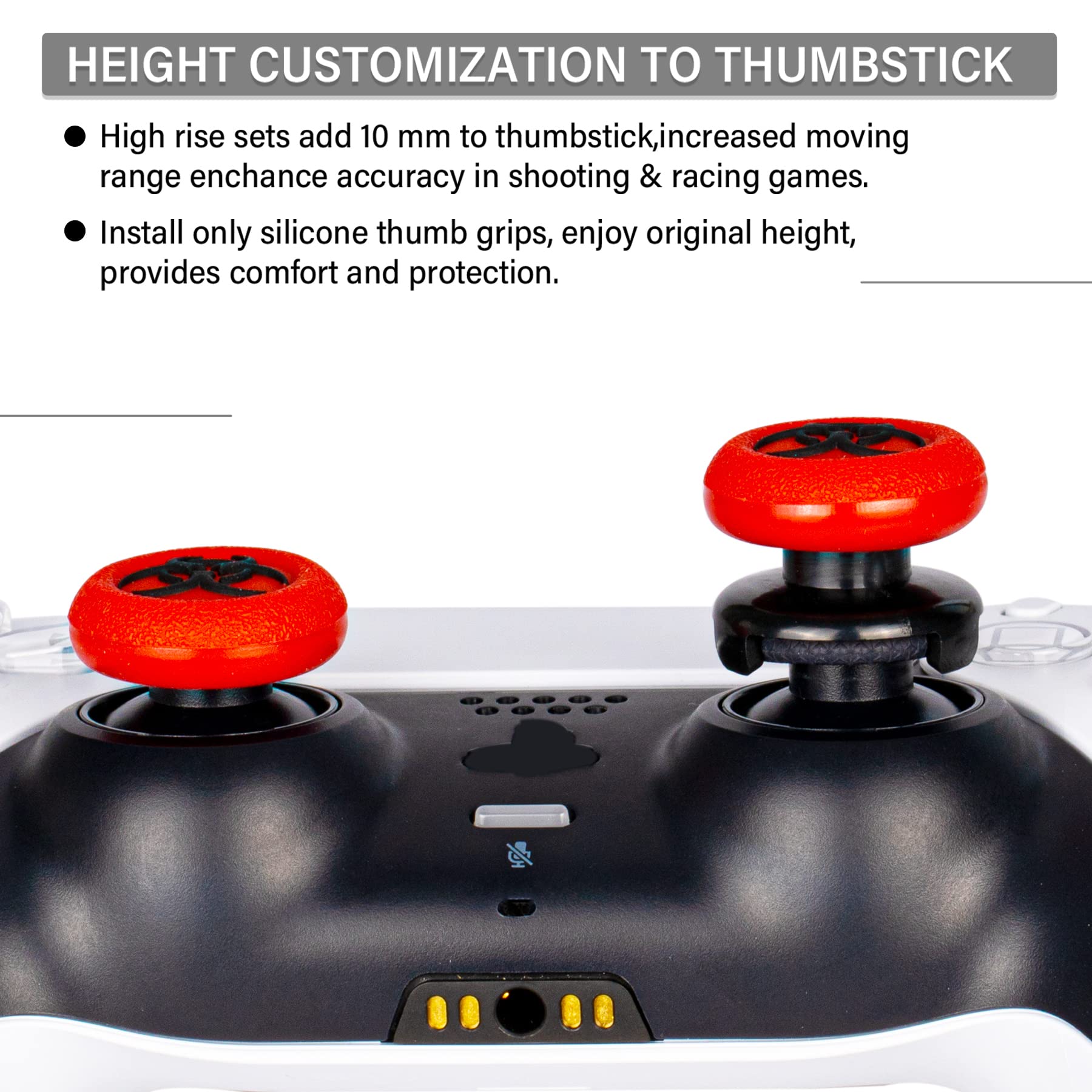 Playrealm FPS Thumbstick Extender & 3D Texture Rubber Silicone Grip Cover 2 Sets for PS5 Dualsenese & PS4 Controller(BioH Red)