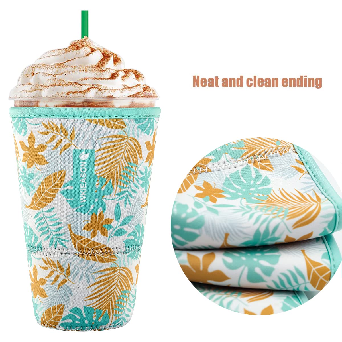 Reusable Iced Coffee Insulator Sleeve for Cold Beverages and Neoprene Cold Coffee Cup Sleeves Cooler Cover 16-32OZ for Coffee Cups, McDonalds, Dunkin Donuts, More(Floral green)