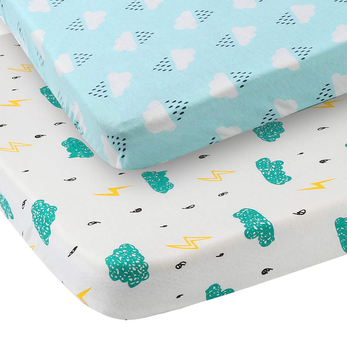 Pack n Play Sheet Fitted 2 Pack Playard Mattress Cover 100% Jersey Cotton Ultra Soft Stretchy Portable Mini Crib Sheets for Baby, Clouds Raindrops Prints Green and White