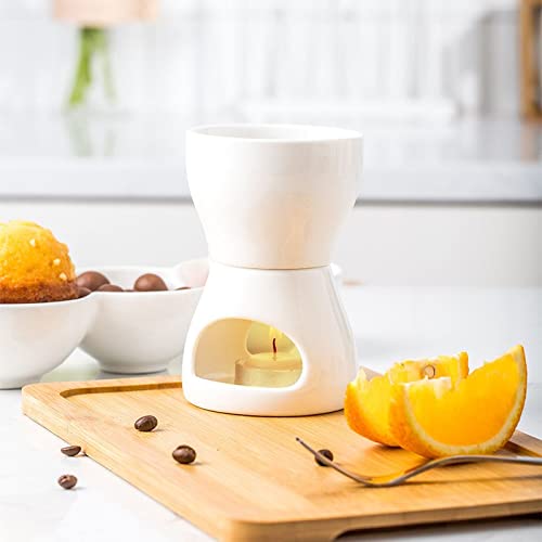 Tebery Fondue Set with 4 Color Forks, Premium Tea Light Porcelain Melting Pot for Cheese, Chocolate and Tapas - White