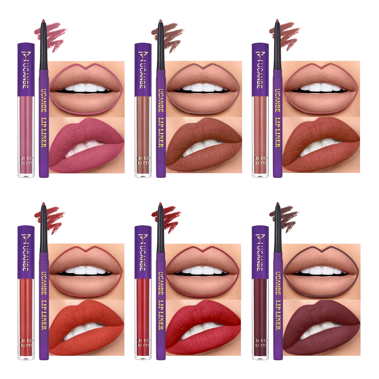 UCANBE 13pcs Lady's Night Lipstick Makeup Set, 6 Velvety Matte Liquid Lipsticks + 6 Matching Smooth Lipliner Pencil + 1 Moisturizing Lip Gloss Primer, Waterproof Long Lasting Lip Make Up Gift Kit