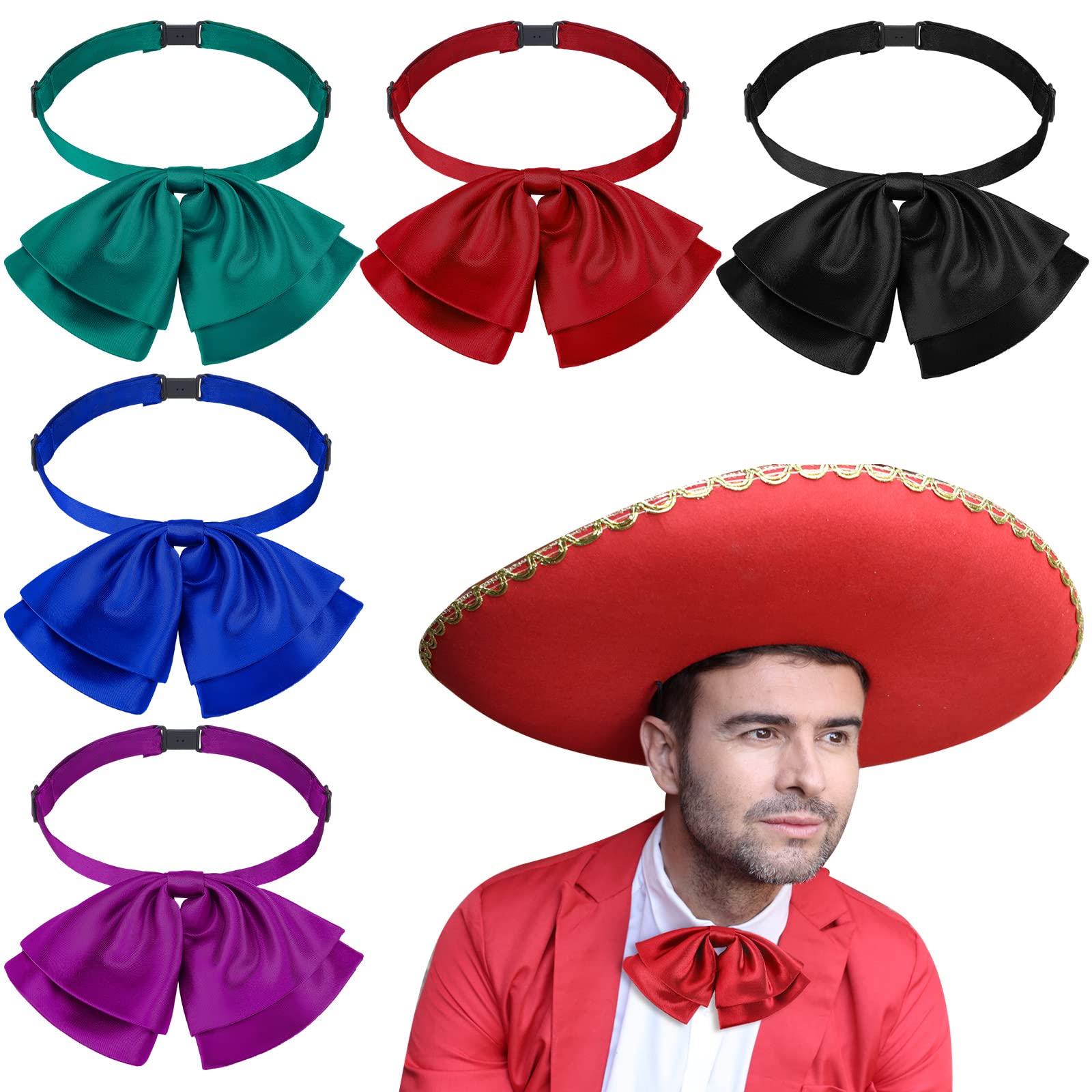Xuhal 5 Pcs Mexican Charro Bow Tie Floppy Bow Tie Adjustable Solid Color Pre tied Bowknot Silk Party Costume for Retro Men,Women Costume Accessory