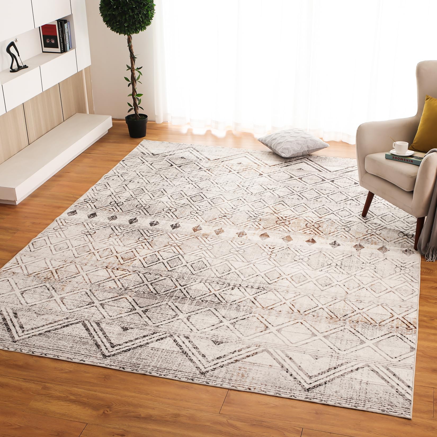 OMERAI Washable Rugs 5x7 Boho Washable Rug Anti-Slip Backing Soft Woven Washable Rug for Living Room, Bedroom, Home Decor, Beige Washable Area Rug (5'x7', Khaki)