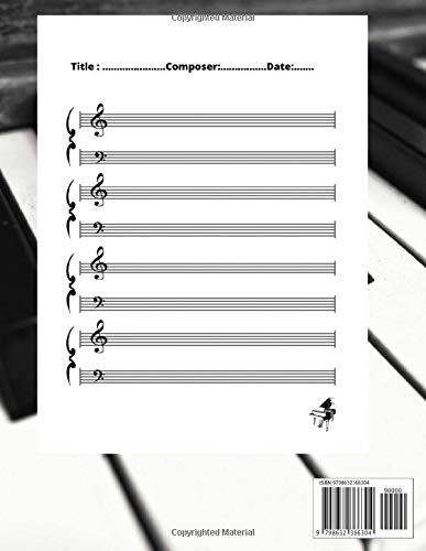 Piano Music Notebook – Blank Sheet: Wide Staff Manuscript Paper 100 pages (8.5x11),8 Large Staves per Page, Perfect for Practicing Note Writing and ... Composition Notebook |Black and white cover.
