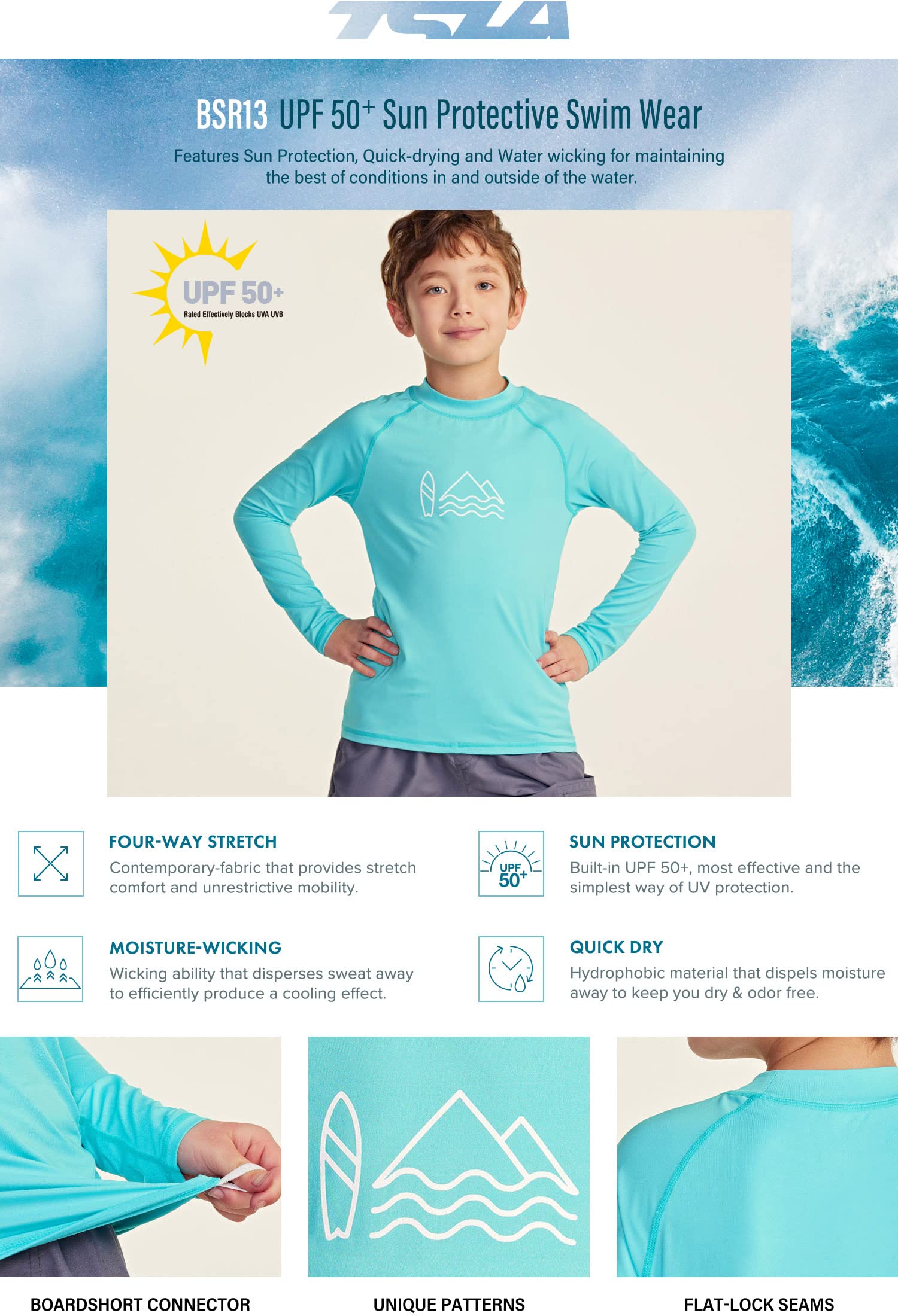 TSLA Boys UPF 50+ Rash Guard Long Sleeve, UV Sun Proctection Water Swim Shirts, Surf Swimwear Swimsuit Top, Vacation Aqua, 14