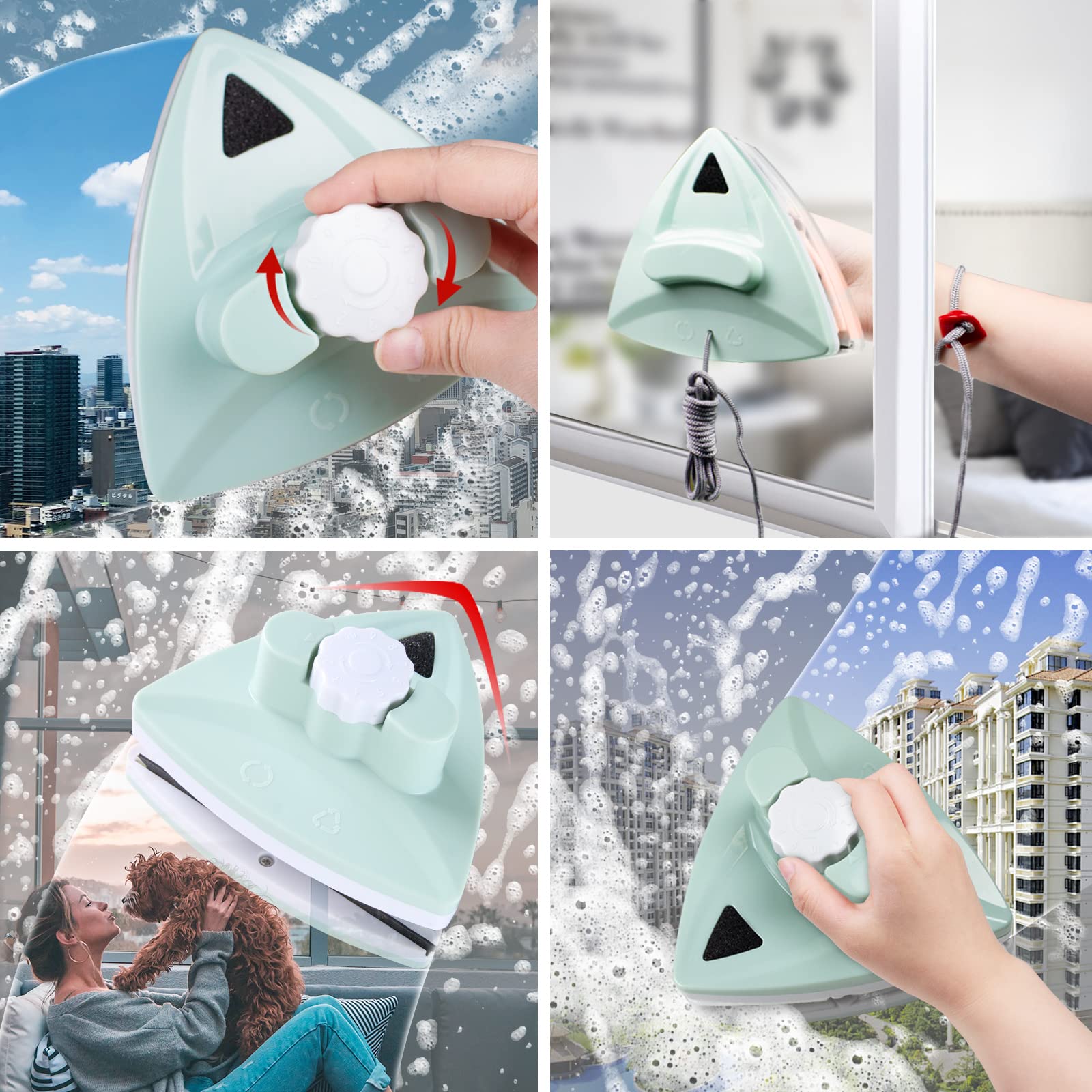 MLOHASING Double-Sided Magnetic Window Cleaner for High-Rise, 10-Step Continuously Variable Transmission Adjustment, Thickness 0.2"-1", Green