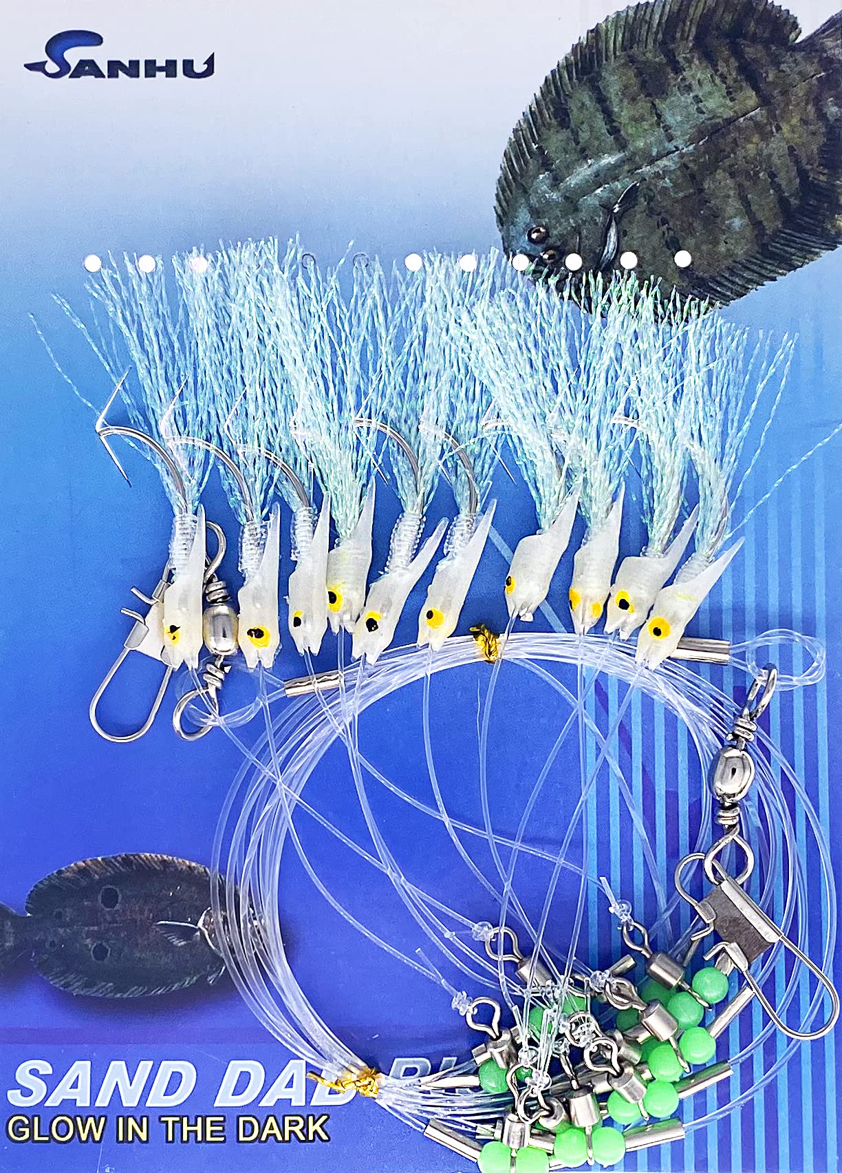 Sand Dab Rigs - #E-10 Hooks - Glow-in-Dark - 10 Packs