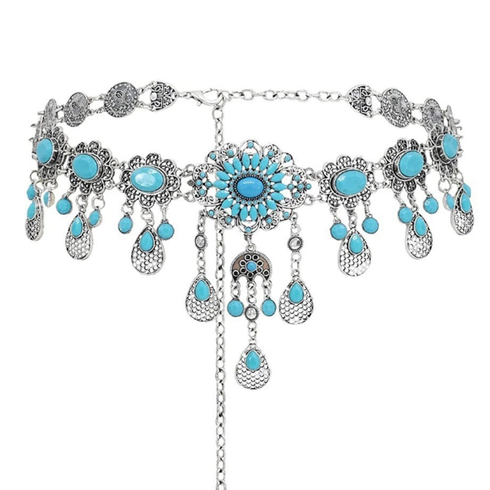 Vintage Flower Turquoise Chain Belts Silver Pear coin Pendant Metal Waist Belt Western Body Jewelry for for Women Dress Vest Jeans for Waistline 25-45inch (Silver Plated)