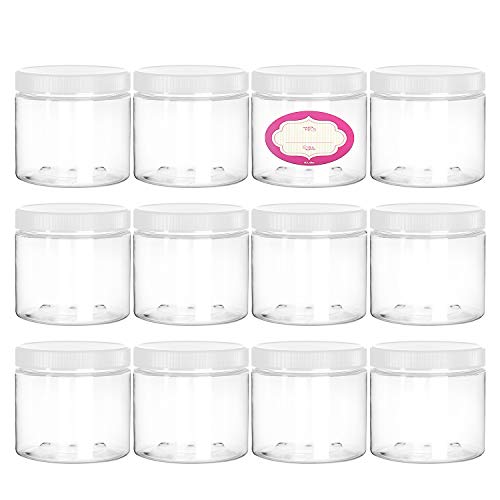 Pack of 24-8 Ounce Empty Plastic Cosmetic Jars – 8 oz Round Clear Slime containers with White Lids and labels - BPA Free - For Kitchen Storage Use, Slime, Beauty Products, Cosmetic, Lotion and more