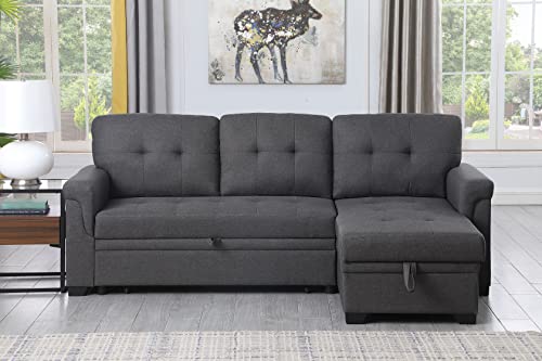 OMMGG 84'' L-Shape Convertible Sleeper Sectional Sofa, Linen Upholstered Reversible Corner 3 Person Couch with Storage Chaise and Pull-Out Bed, for Living Room, Apartment, 84, Dark Gray-1