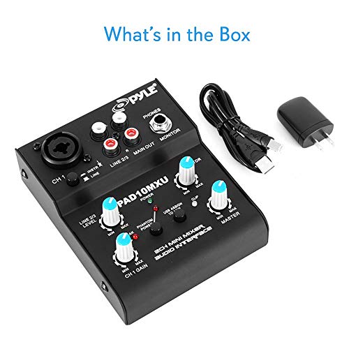 Pyle 2-Channel Audio Mixer - DJ Sound Controller Interface with USB Soundcard for PC Recording, XLR and 3.5mm Microphone Jack, 18V Power (Renewed)