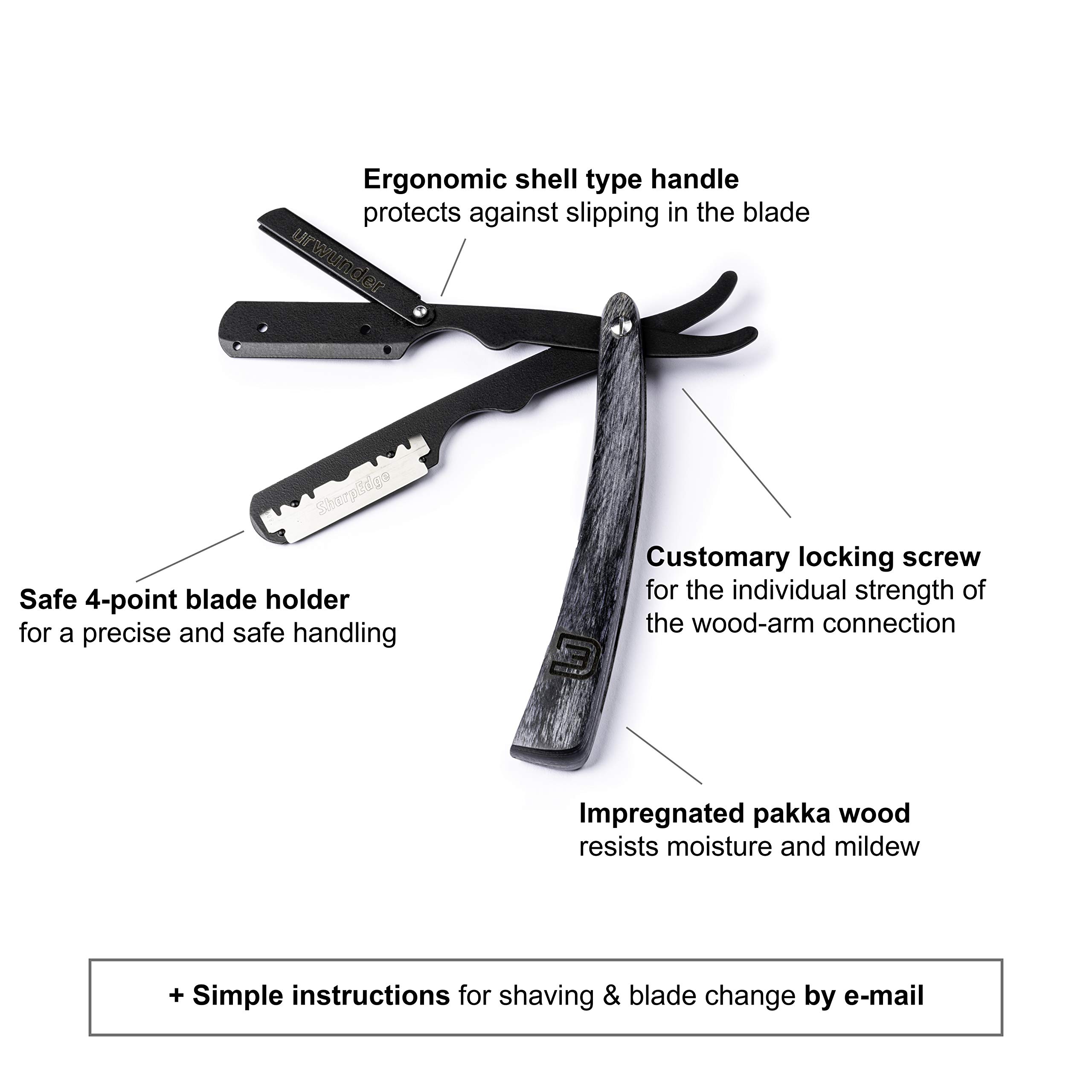 Precise German Straight Razor - urwunder - Beardo - Genuine Leather Case - Simple Manuals - 4-Pin Blade Holder [Black Arm/Black Wood]