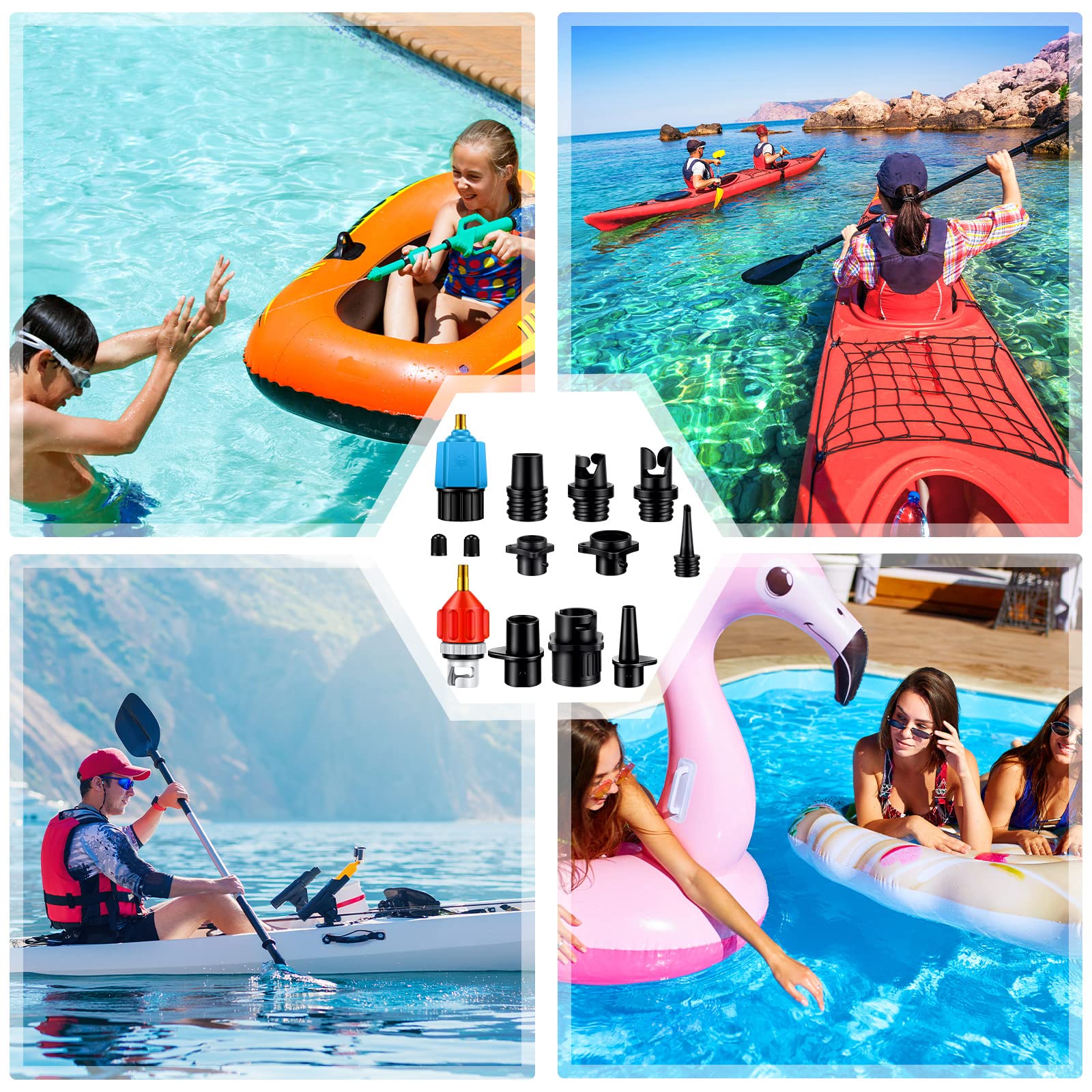 Treela Inflatable Pump Adaptor Air Pump Adapter Compatible with SUP Inflatable Car Air Compressor Valve Adapter with 9 Air Valve Nozzle for Paddle Board Inflatable Boat (Classic,Orange, Blue)